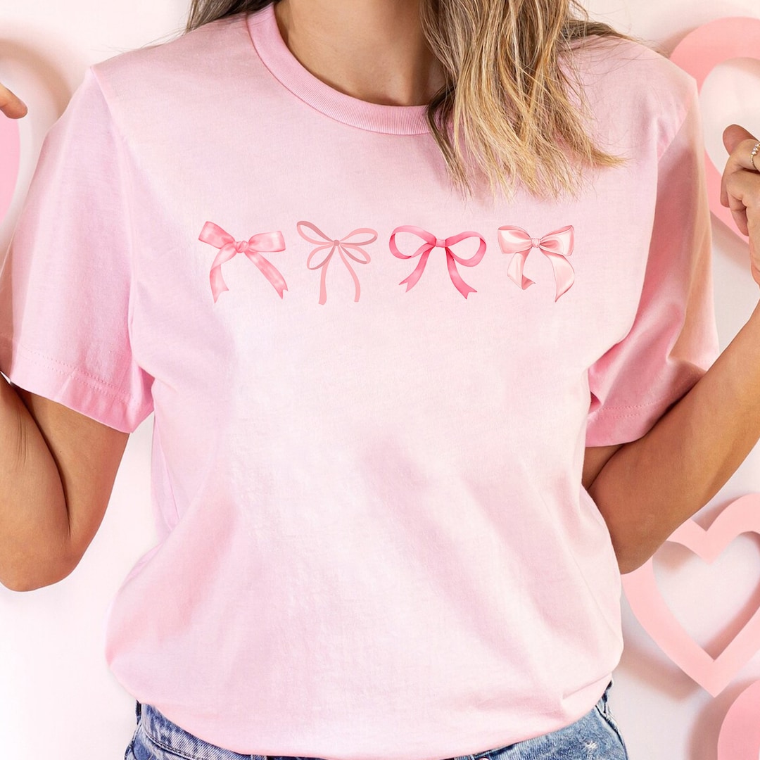 Cute Pink Bow Tee Shirt, Pink Bow Sweatshirt, Womens Tshirt, Womens Ribbon Tee, Cute Gift for ...