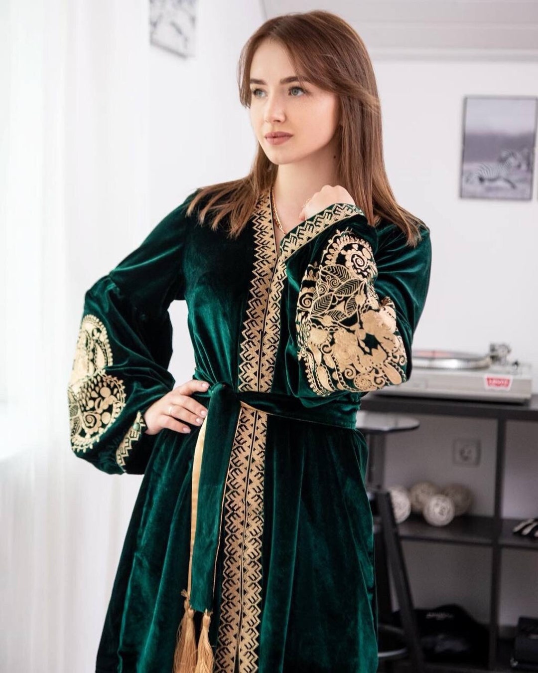 Embroidered Velour Mini Dress: Green Geometric Gold Embroidery Sizes S ...