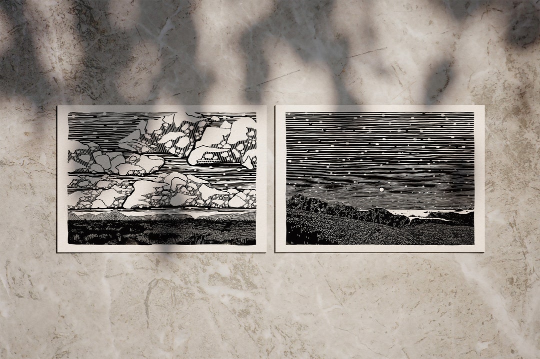 2 Linocut Prints in a Set • 2 Prints in Landscape Format • Limited ...