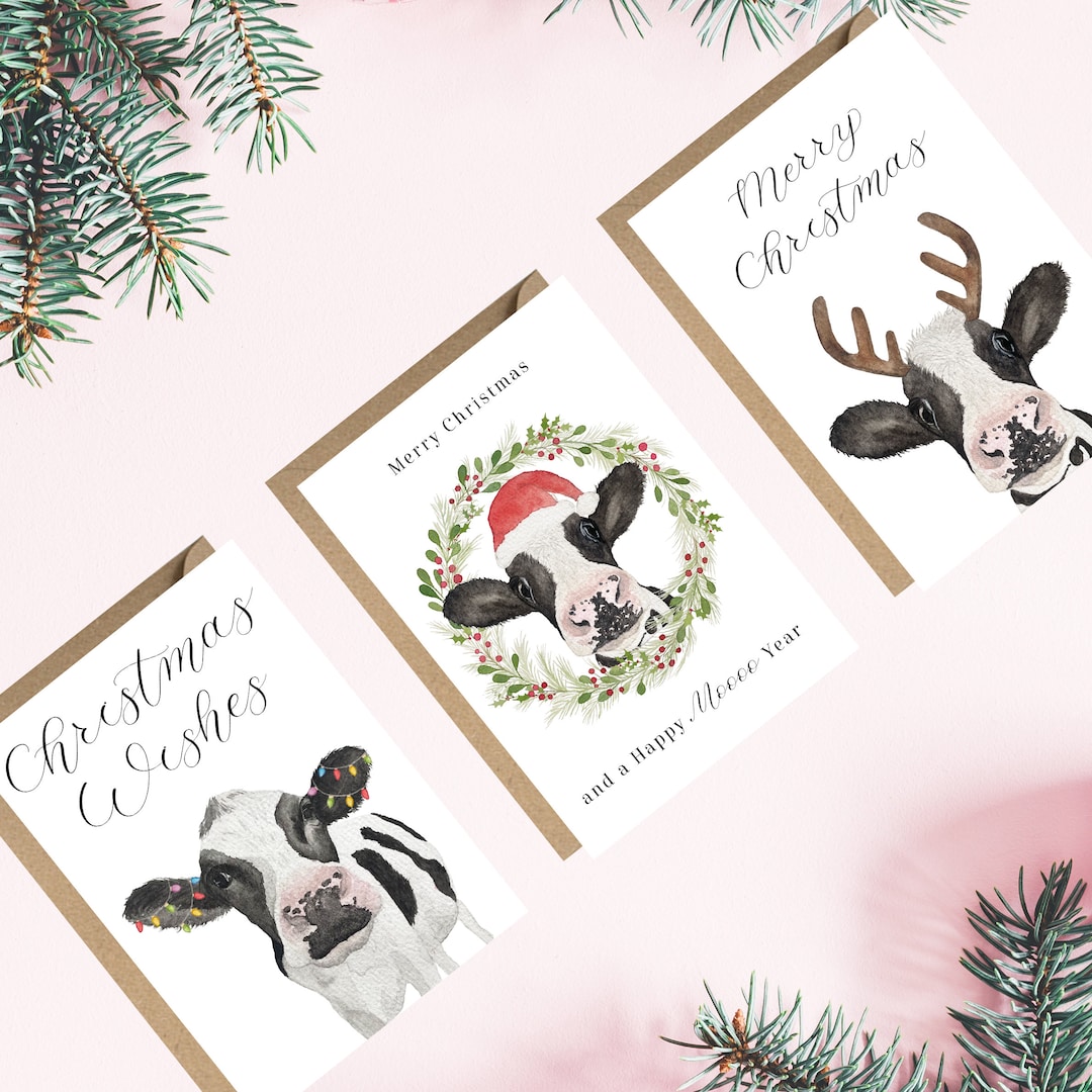Pack of 3 Christmas Cards, Cow Christmas Cards, Animal Christmas Card ...