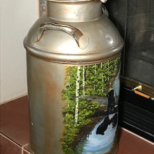 10 Gallon Antique Hand Painted Milk Can W/ Bears Playing in the Stream ...