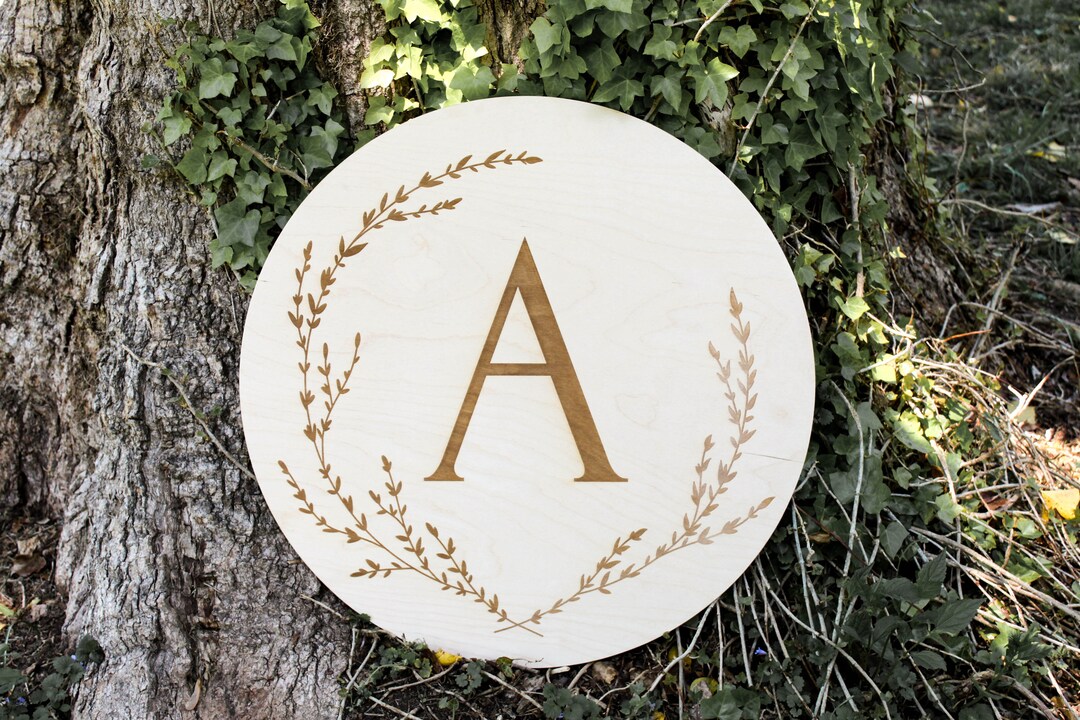 Wooden Round Monogram Sign With Wreath Leaves for Modern Farmhouse ...