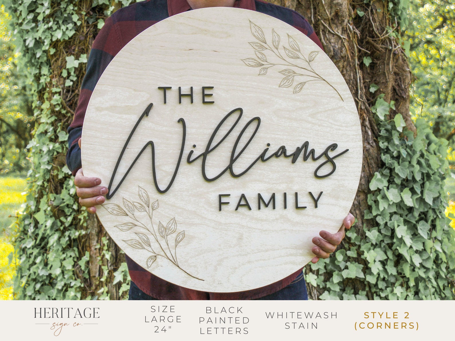 Round Family Last Name Sign With Engraved Botanical Frame and Raised ...