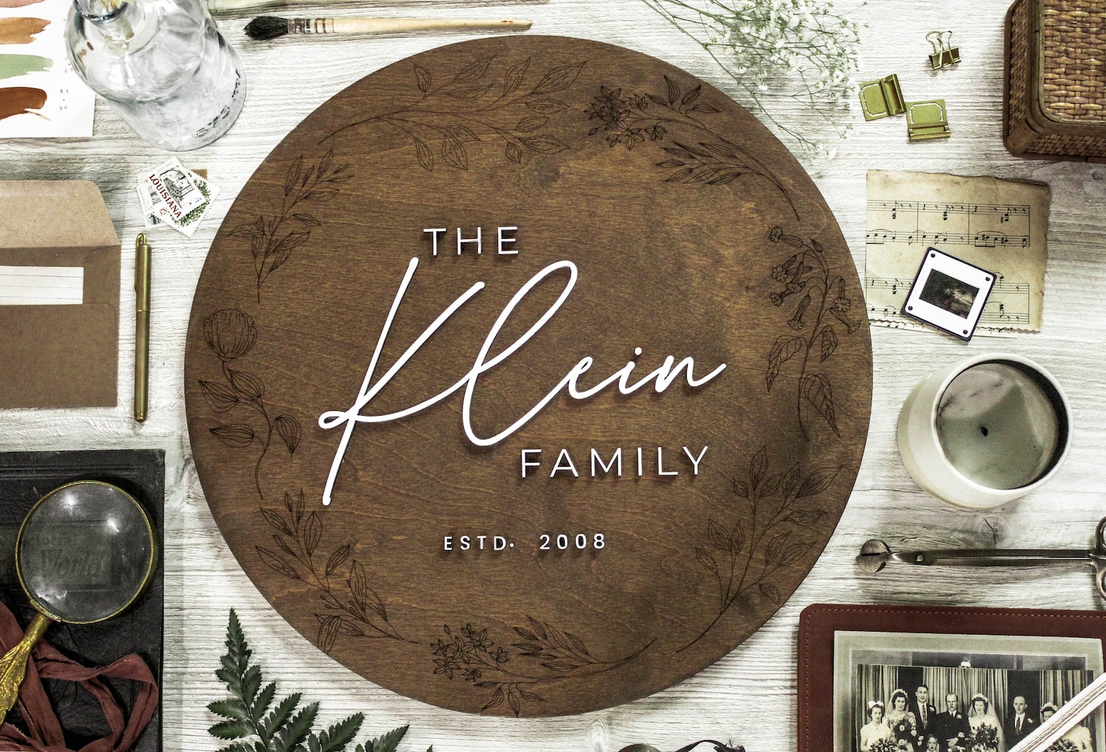 Engraved Family Name Sign, Botanical Frame, Raised Lettering, Wedding ...