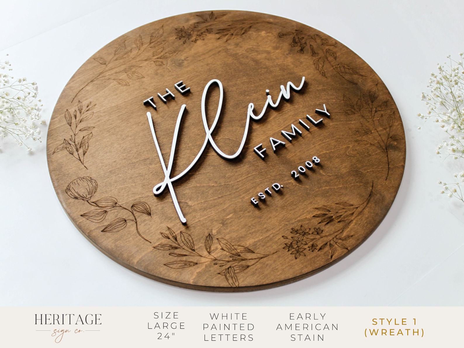 Round Family Last Name Sign With Engraved Botanical Frame and Raised ...