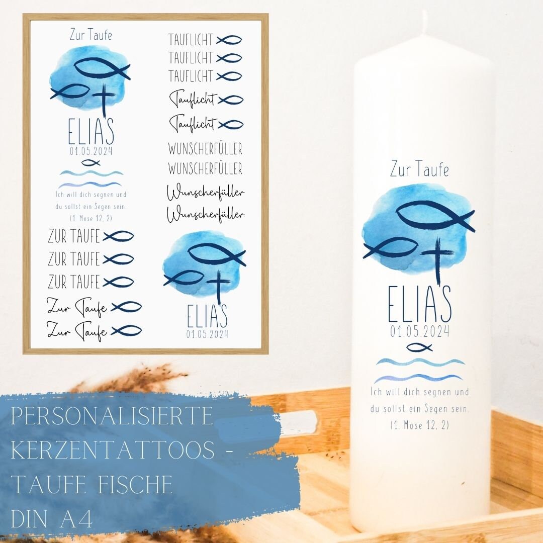 Personalized Candle Tattoos Baptism Candle Fish - A4 Candle Sticker ...