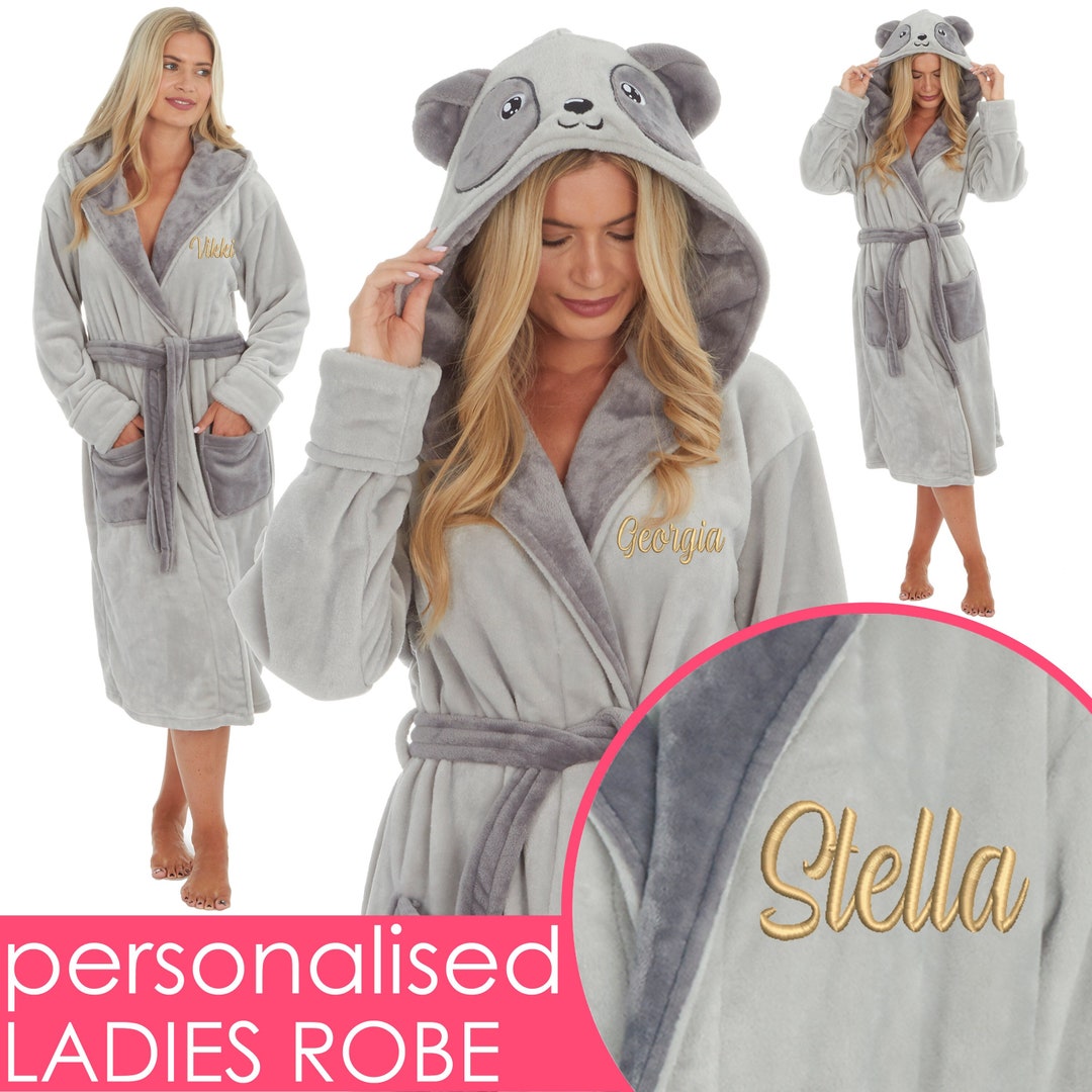 Personalised Ladies Grey Panda Robe Christmas Gift Custom Name Birthday ...