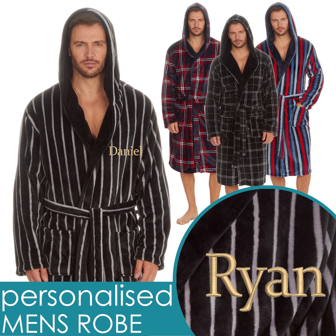 Personalised Mens Dressing Gown Embroidered Name Custom Text Check ...