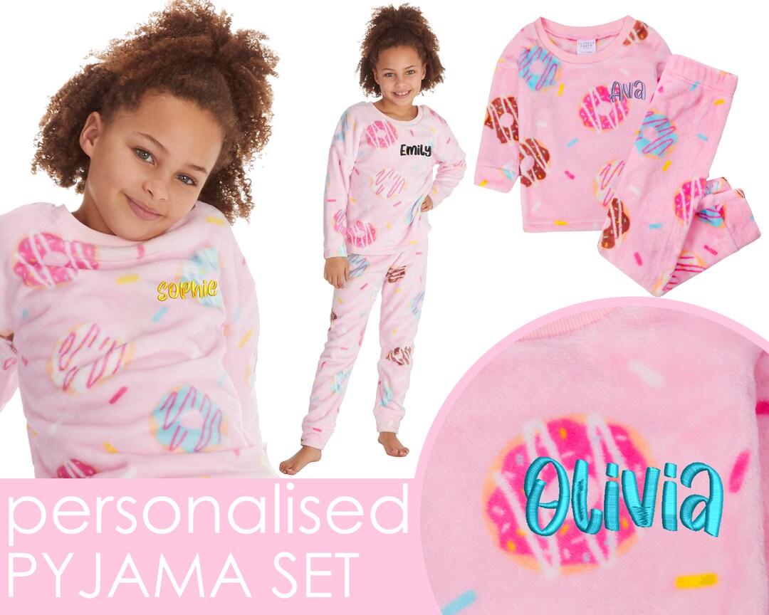 Personalised Girls Pyjama Set Plush Fleece Warm Pj's Long Sleeved ...