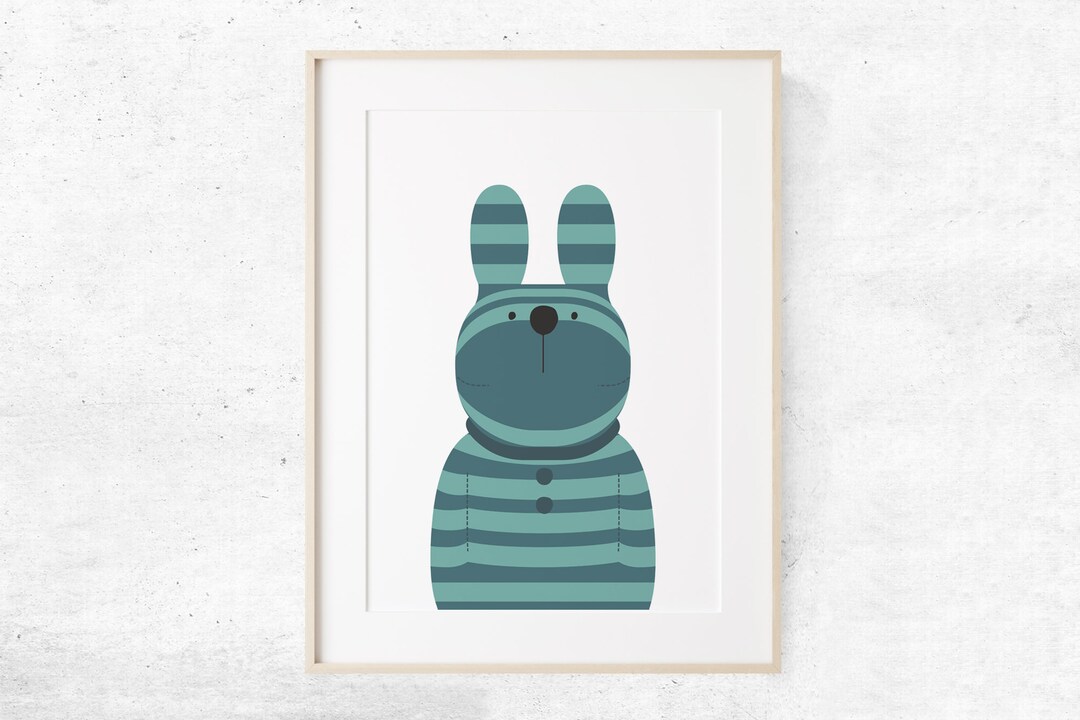 Printable, Striped Rabbit, Wall Art, Animal, Blue Poster, Modern Decor ...