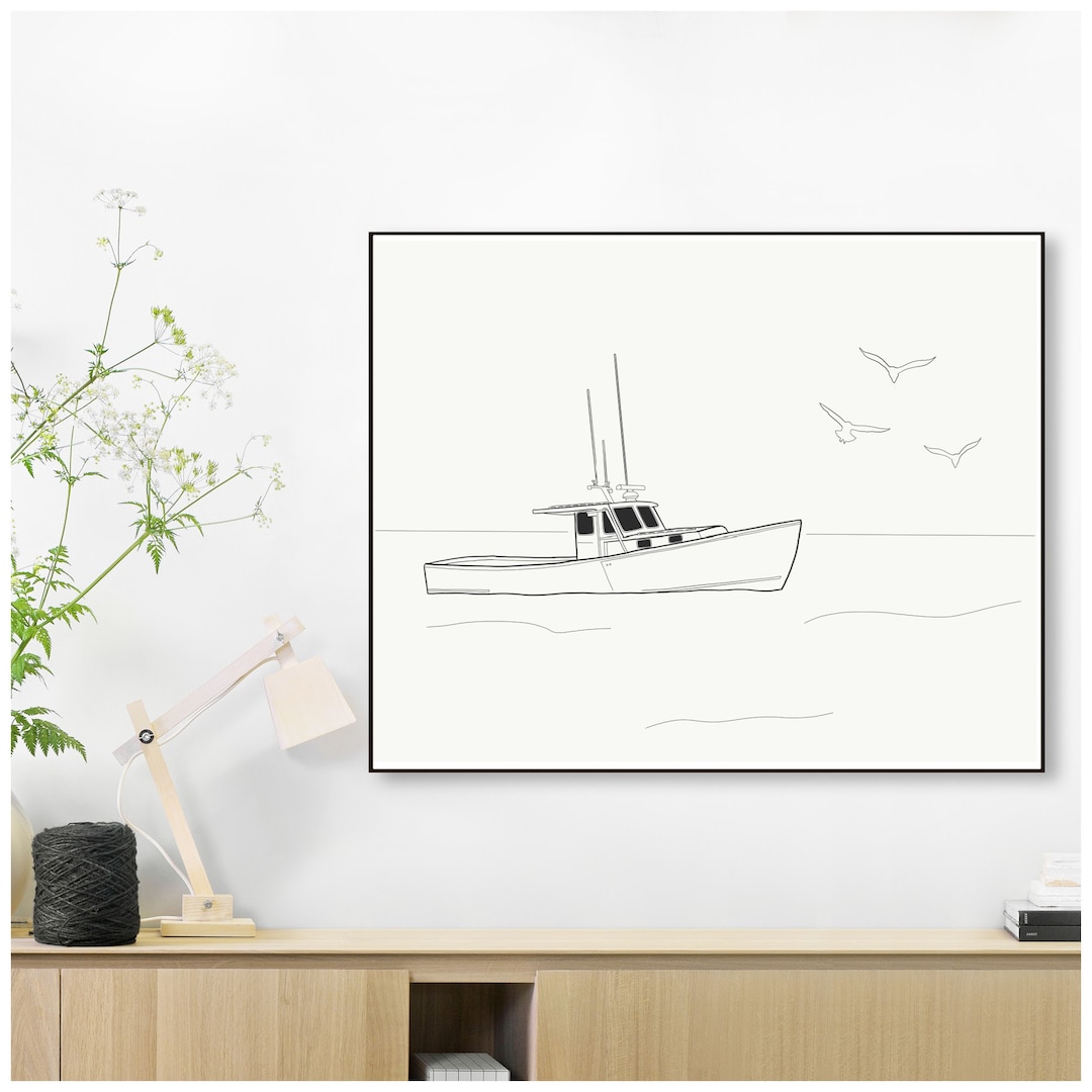 Lobster Boat Maine Line Drawing Print -- 5x7 or 8x10 - Etsy