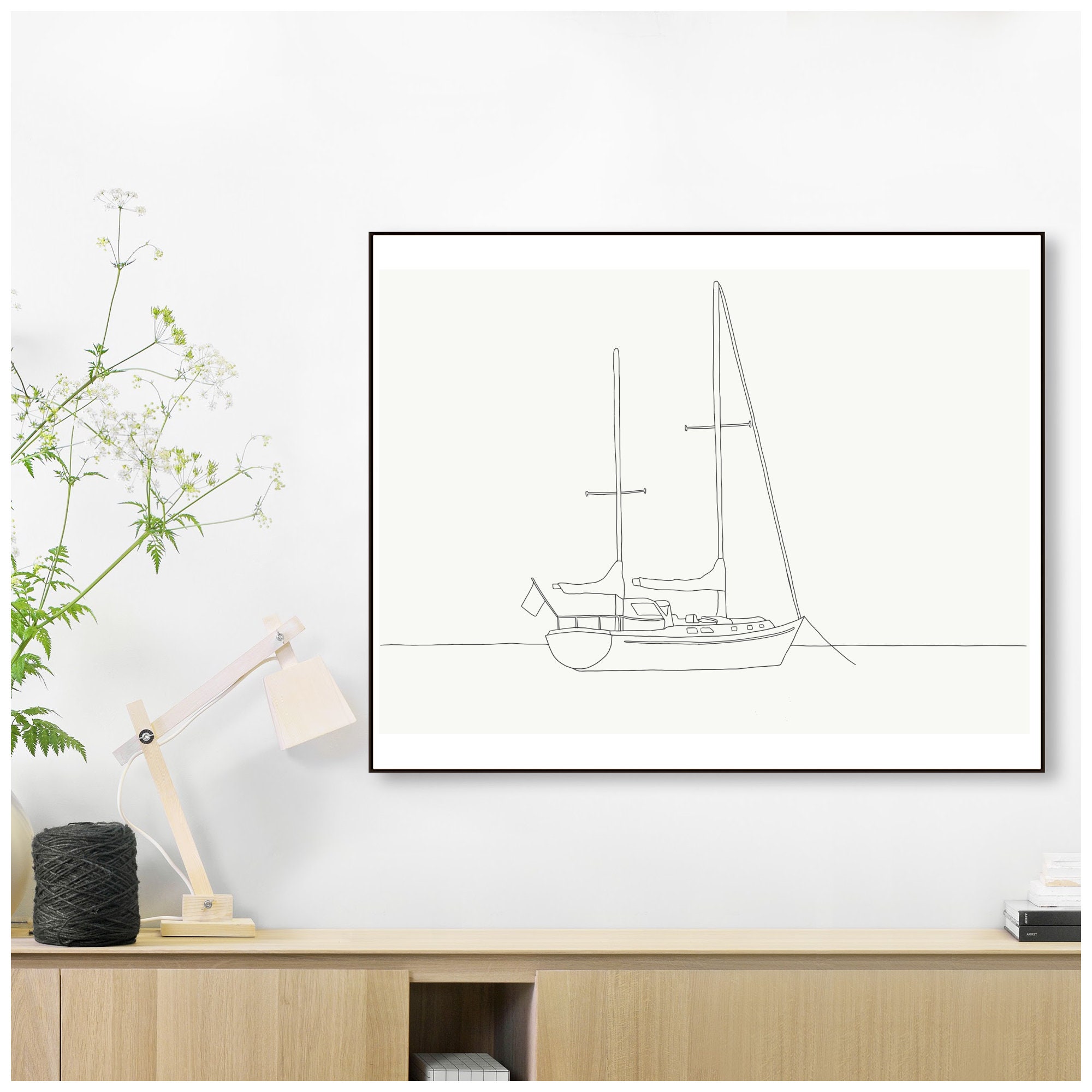 Sailboat (ketch-rigged) Line Drawing -- Minimalist Black and White ...