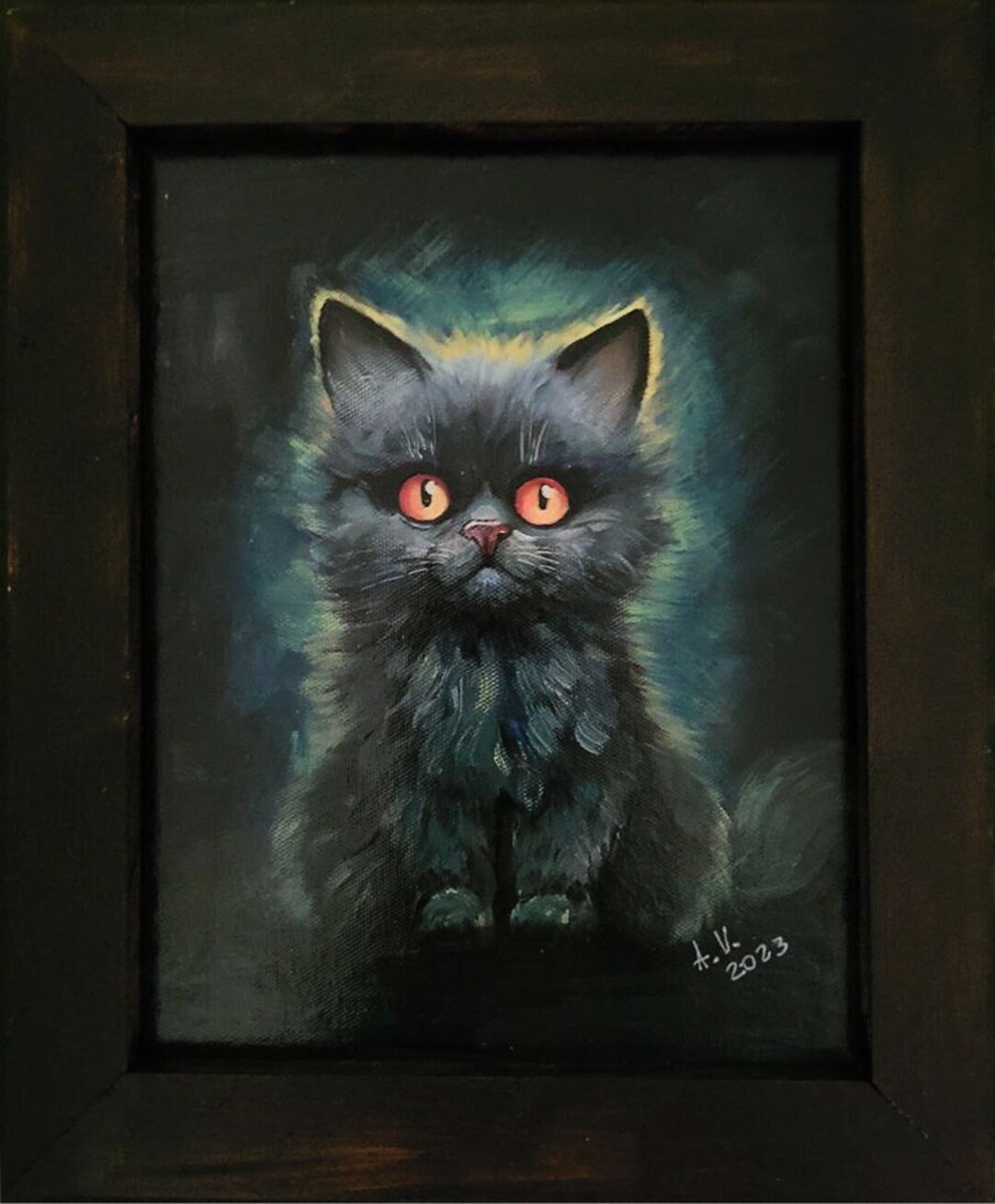 Acrylic Portrait of a Startled Black Kitten in Wooden Frame | Acrylic ...