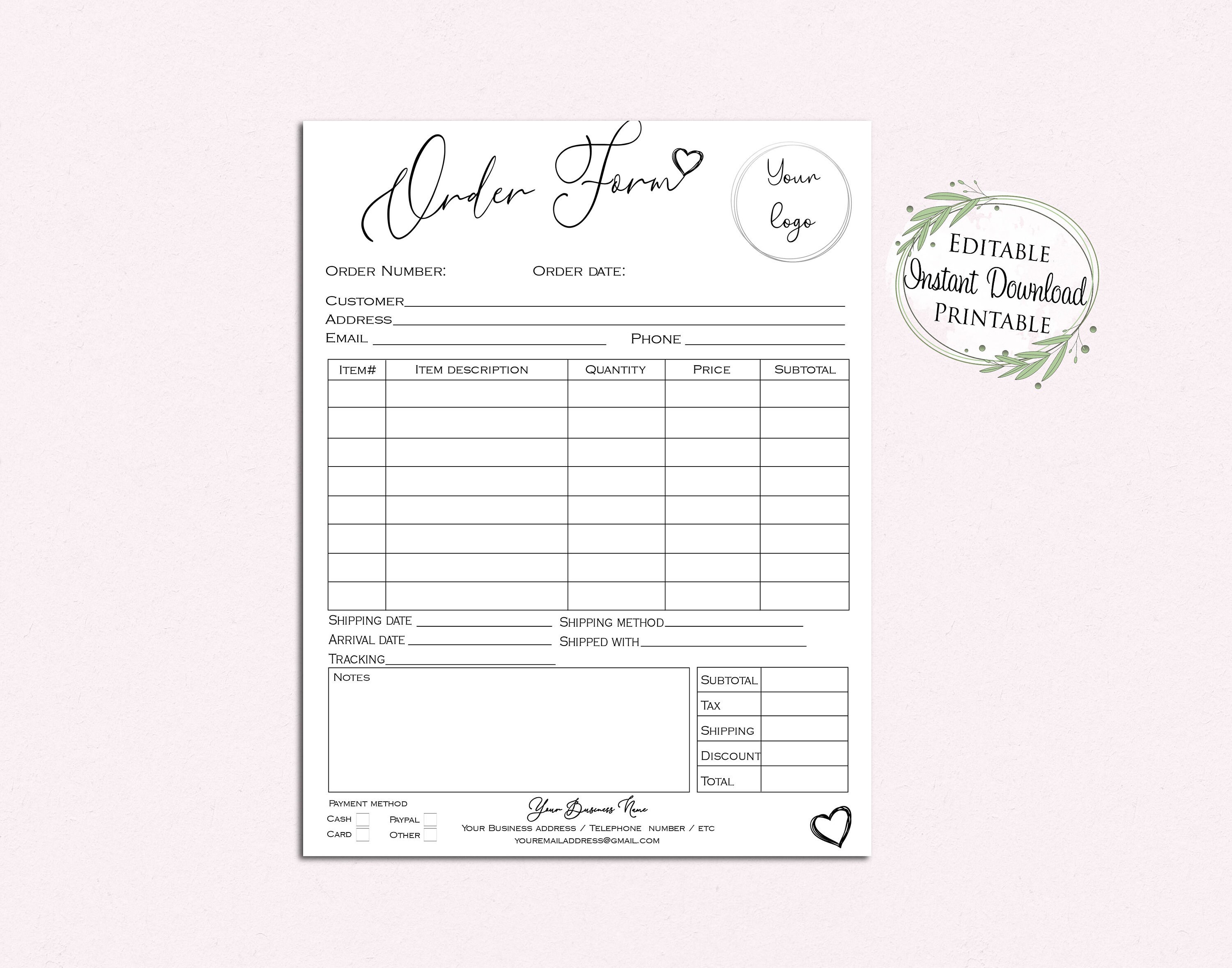 Small Business Template, Editable Order Form, Add Your Logo. Modern ...
