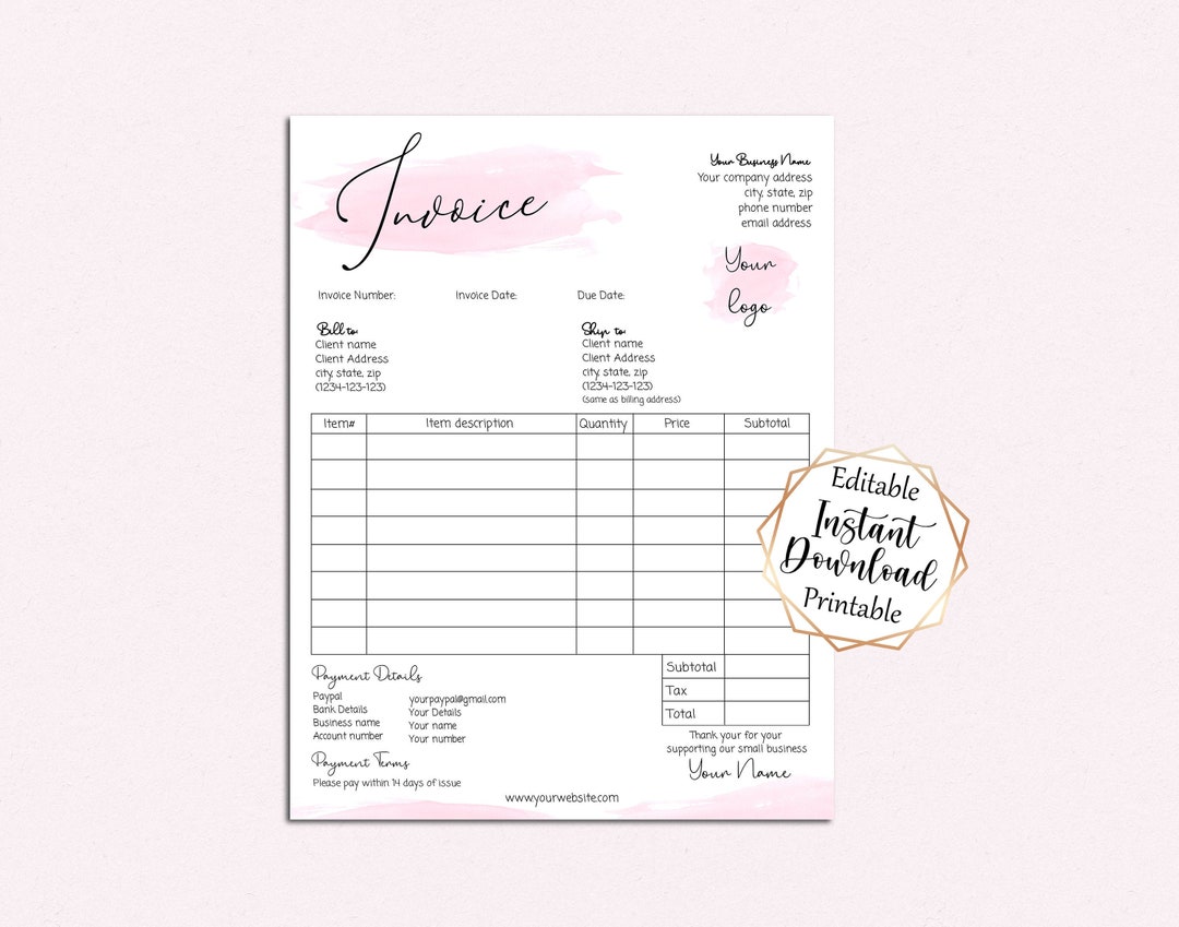 Watercolor Pastel Pink Printable Small Business Invoice-add Your Logo ...