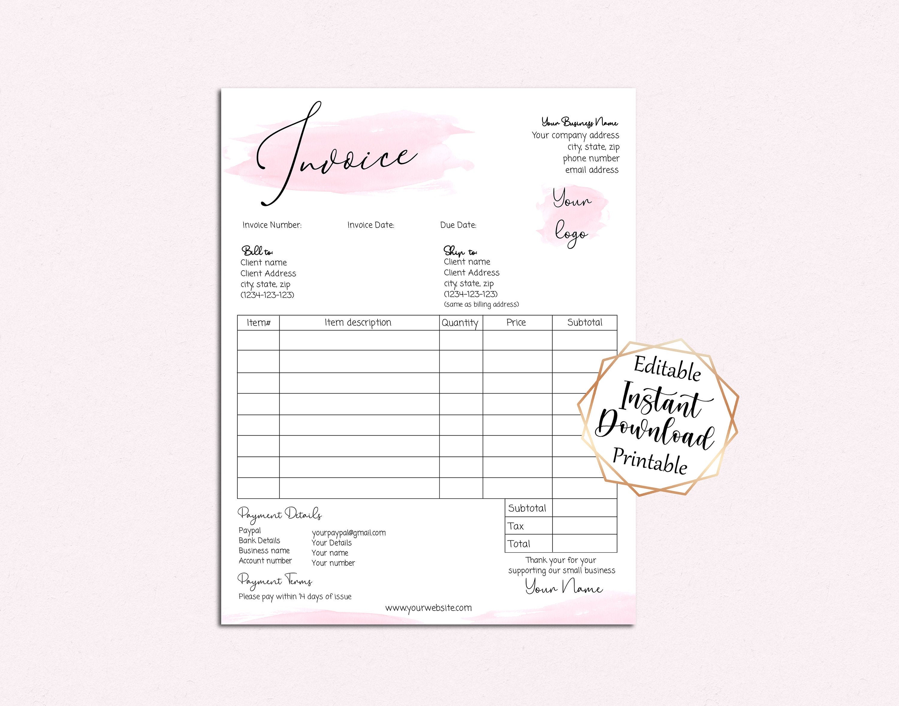 Watercolor Pastel Pink Printable Small Business Invoice-add Your Logo ...
