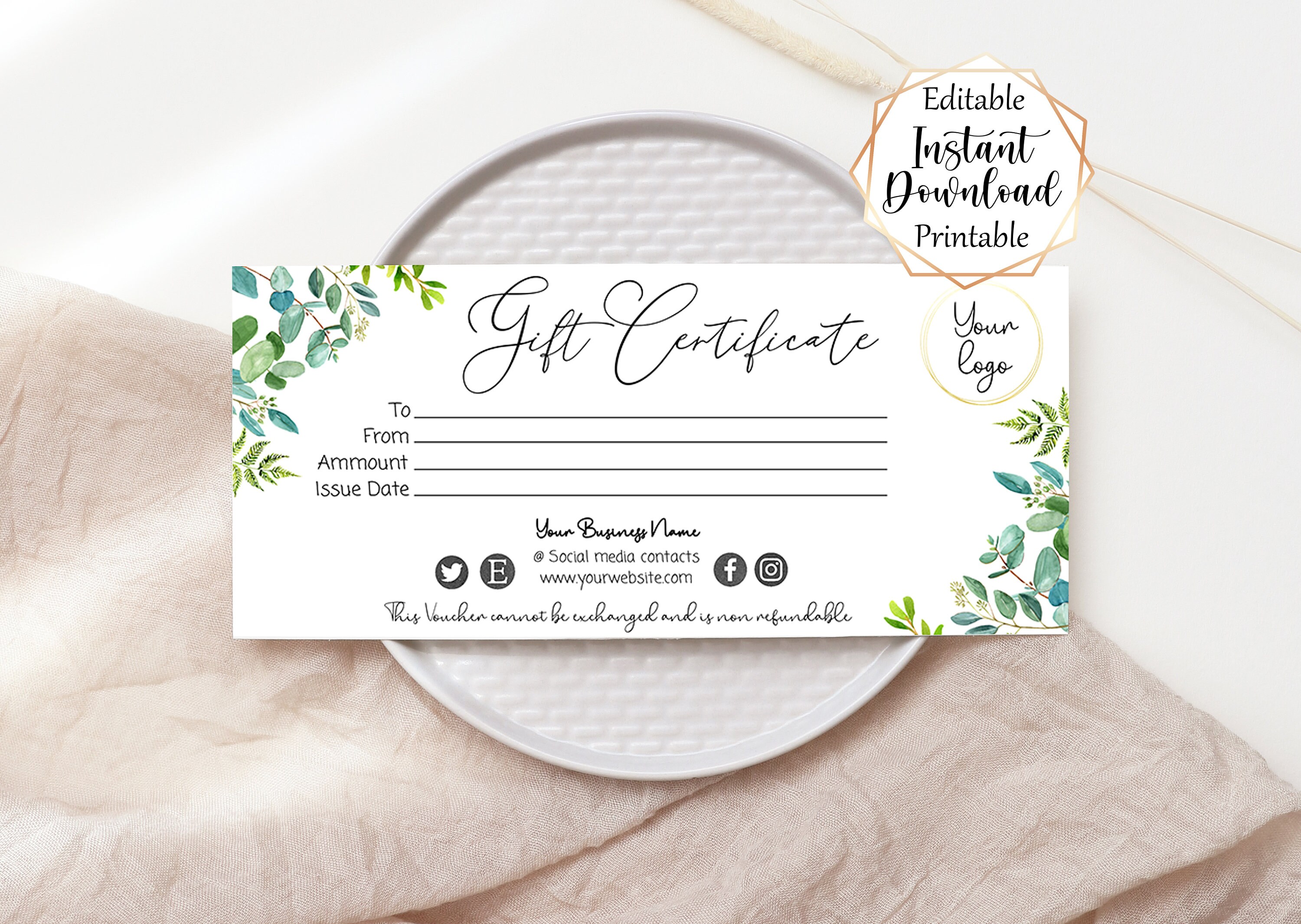 Printable Gift Certificate With Option to Add Your Logo. Electronic ...