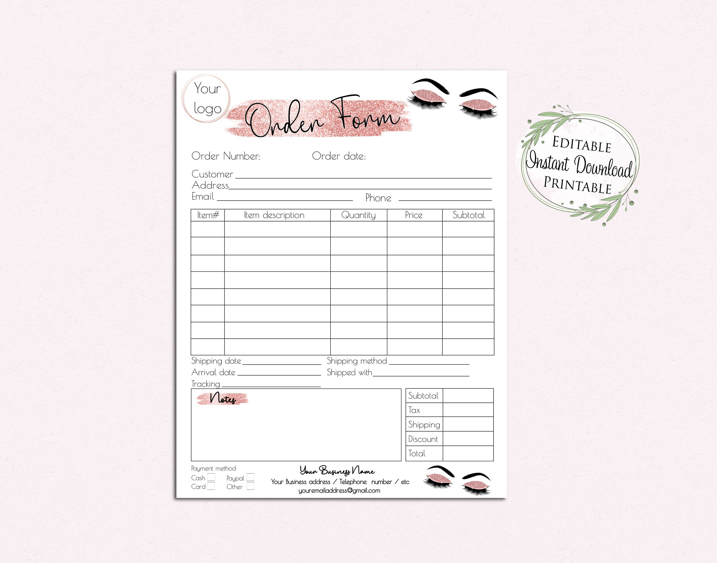 Small Business Template, Editable Order Form, Add Your Logo, LASH ...