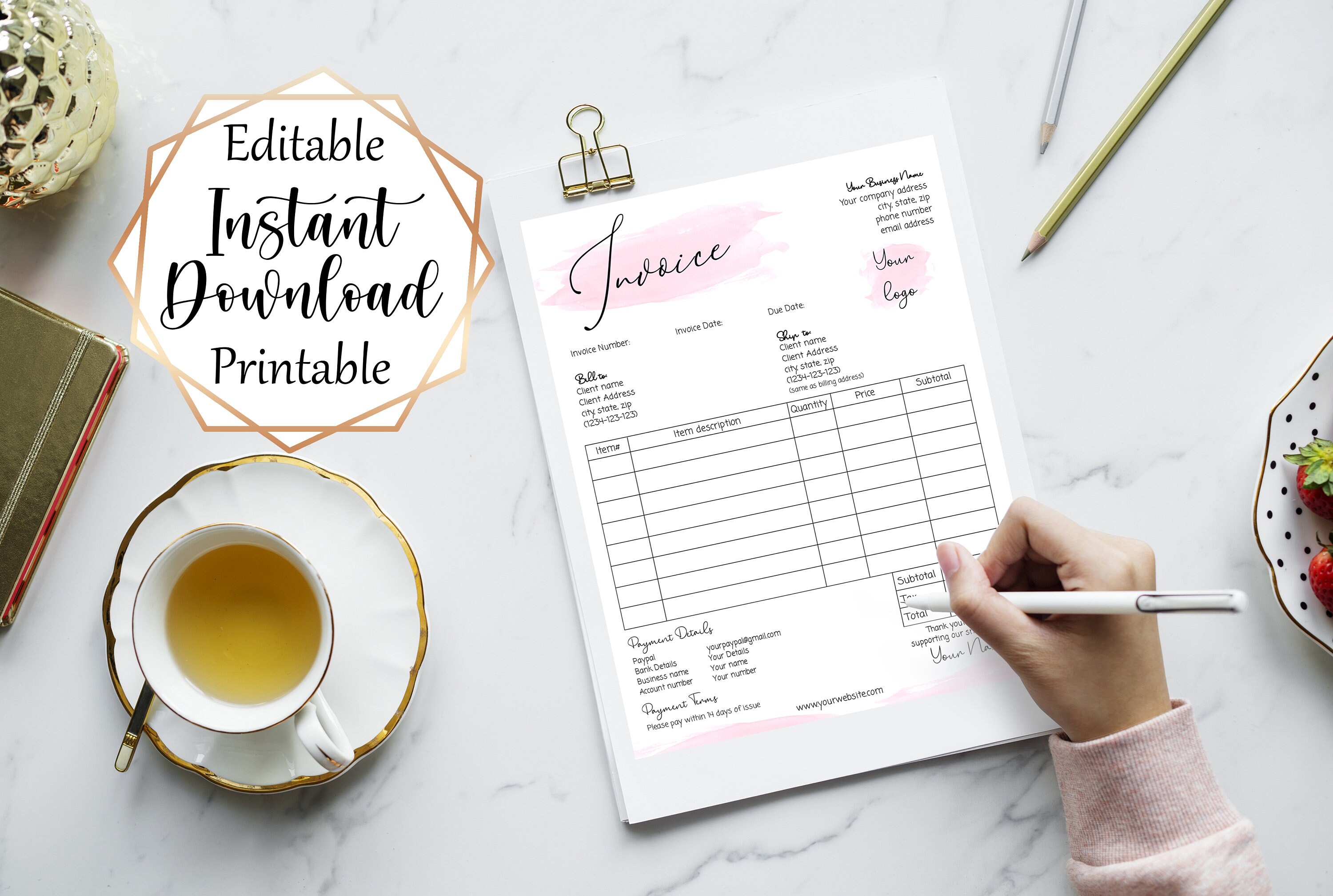 Watercolor Pastel Pink Printable Small Business Invoice-add Your Logo ...