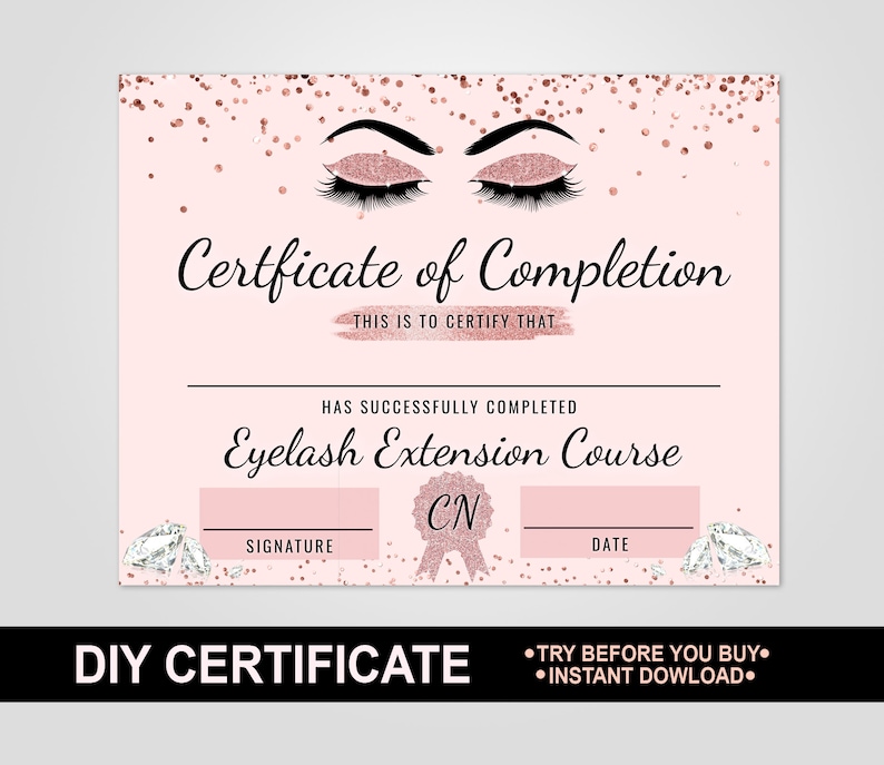 Rose Gold Certificate of Completion, Lashes Editable Certificate ...