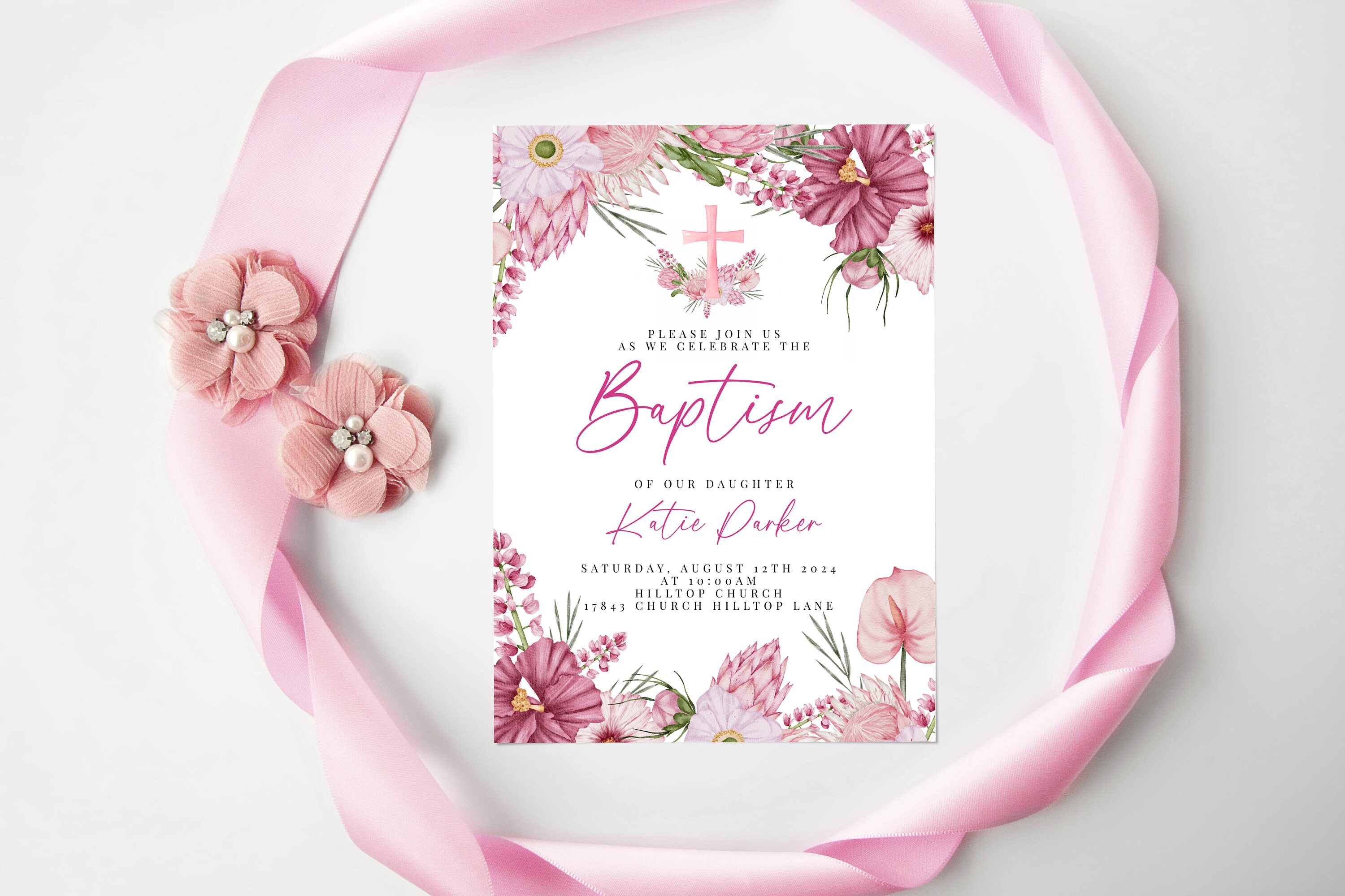 Pink Floral Baptism Invitation Template, DIY Printable, Christening ...