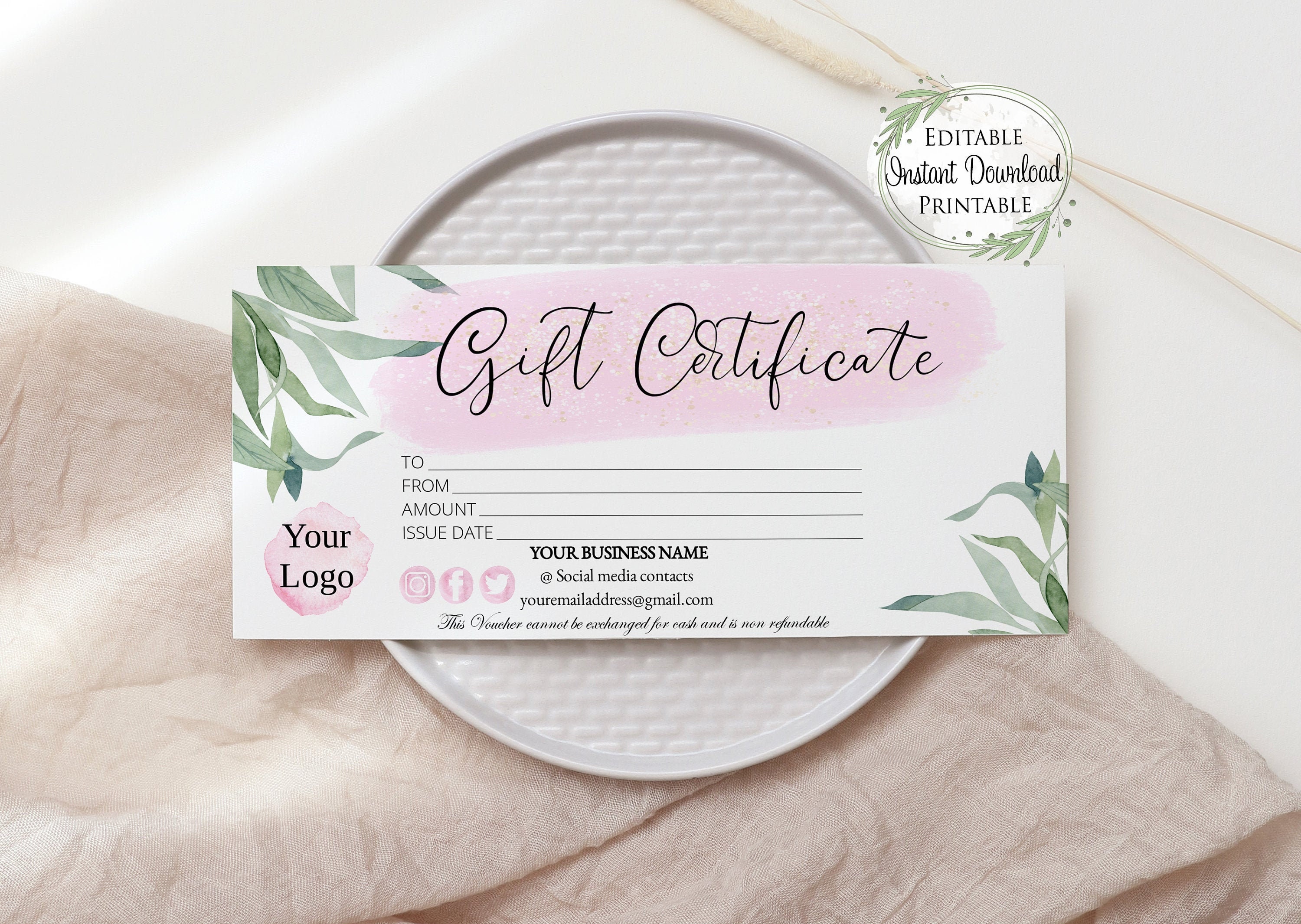 Printable Gift Certificate With Option to Add Your Logo. Electronic ...