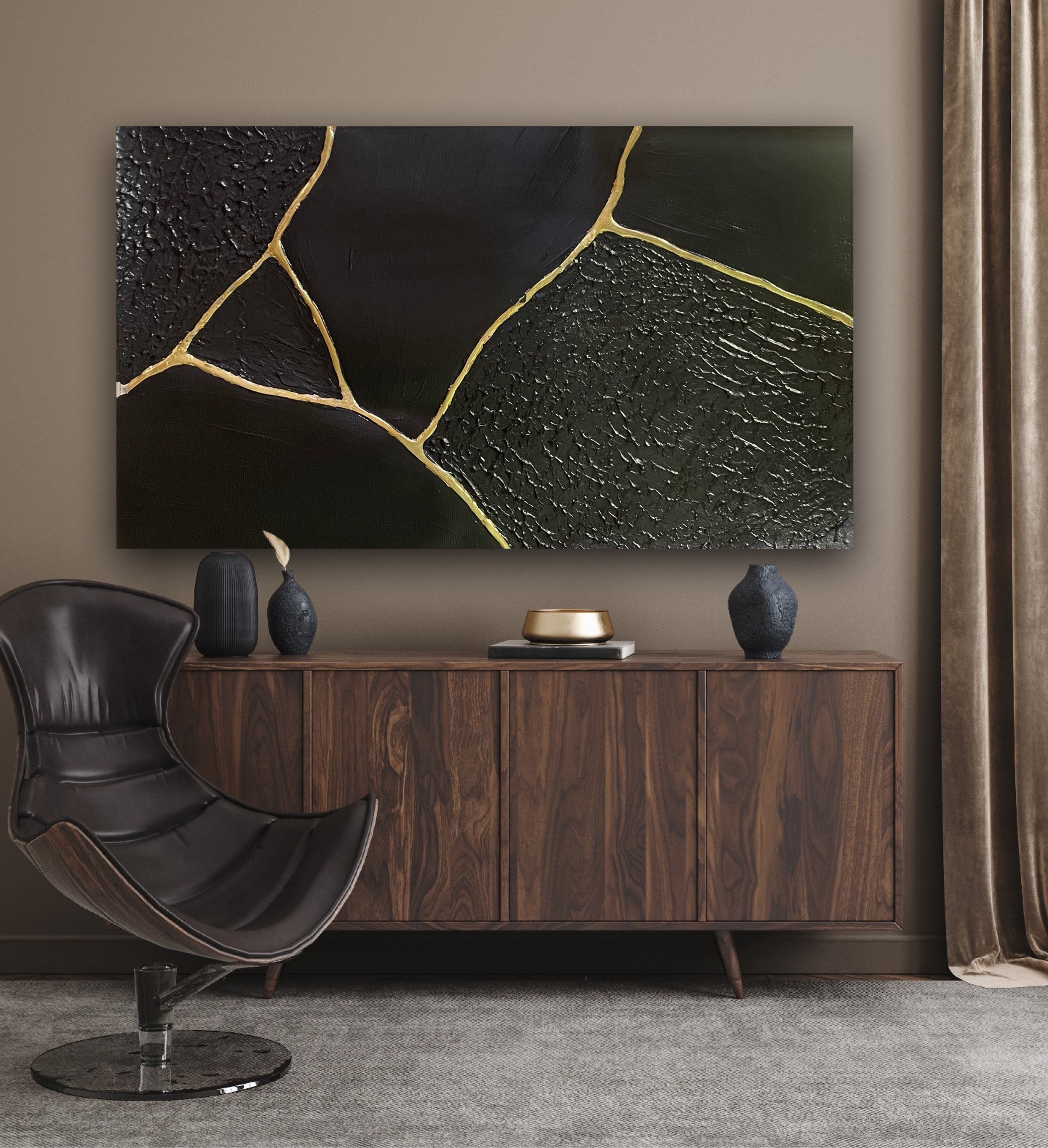 Kintsugi Wall Art, Kintsugi, Kintsukuroi, Black Plaster Wall Art,large ...