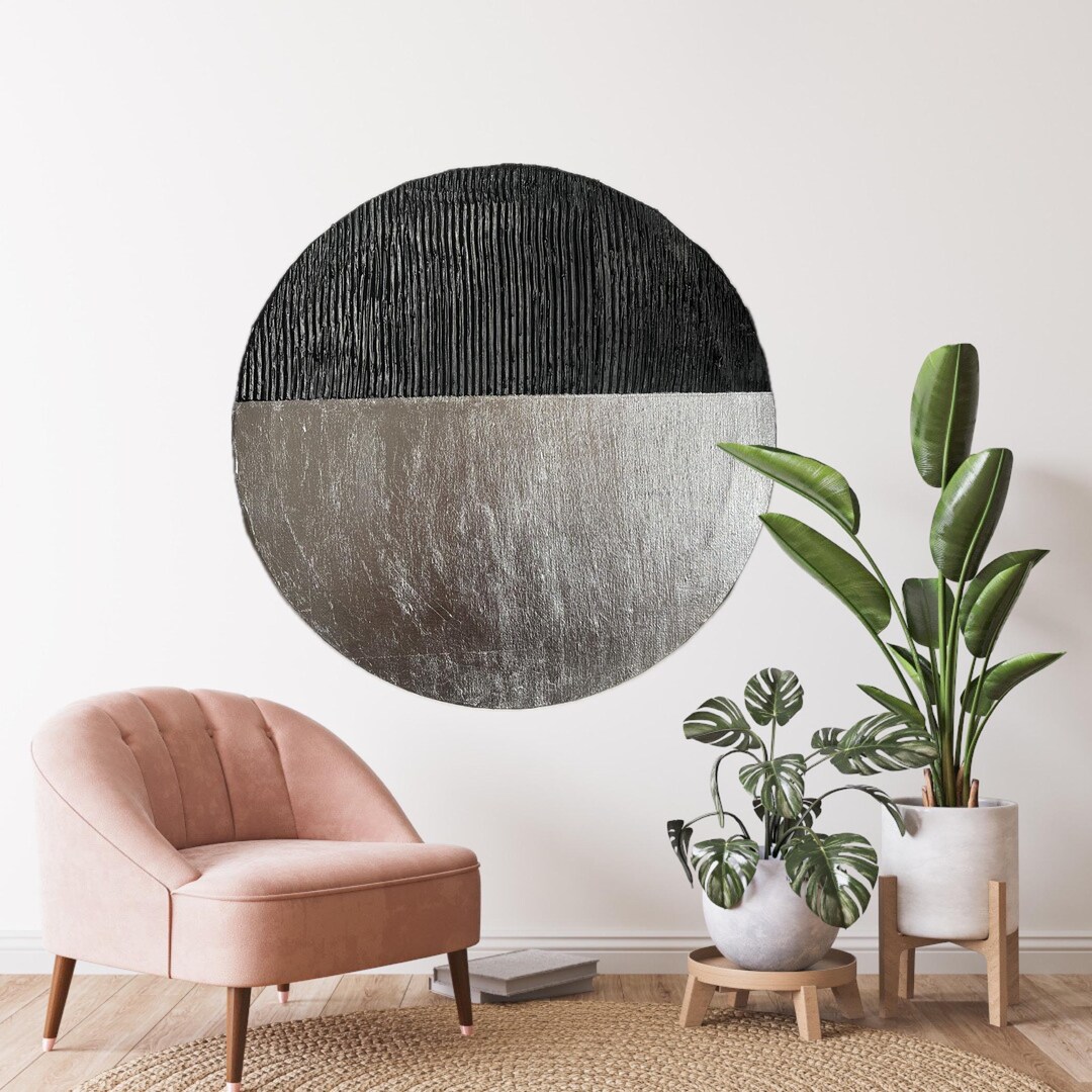 Silver Leaf Wall Art, Round Artwork, Plaster Wall Art, Large Metal Wall ...