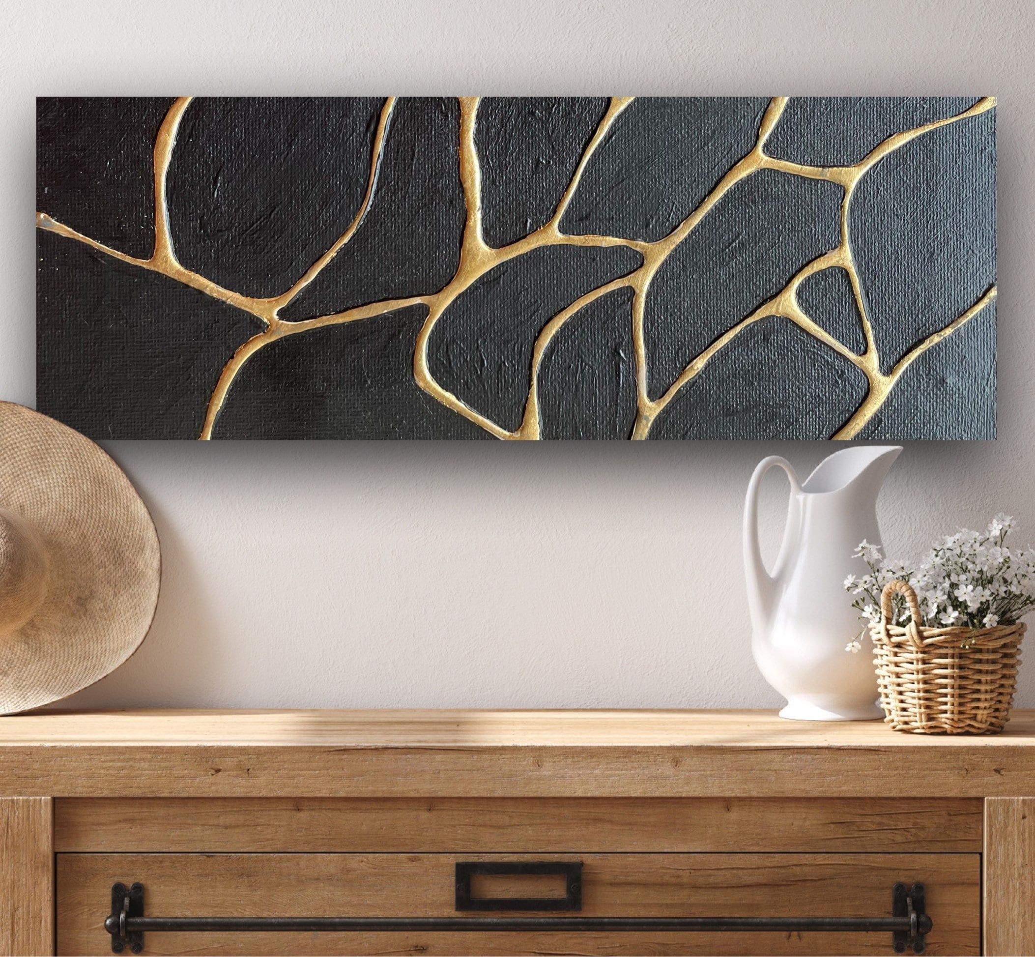 Japanese Art, Kintsugi,black Wall Art,minimalist Furniture,gold Foil ...