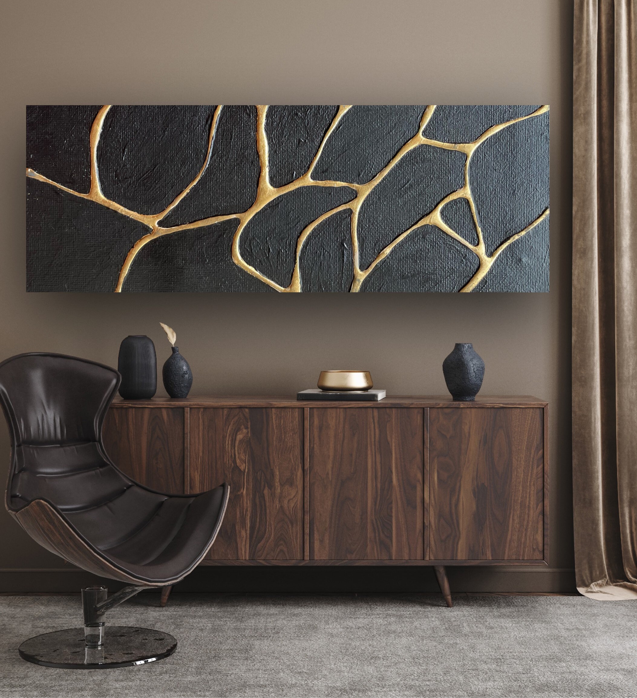Japanese Art, Kintsugi,black Wall Art,minimalist Furniture,gold Foil ...