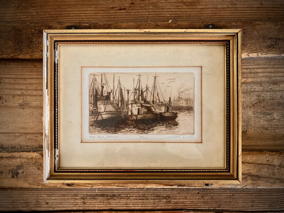 Leonard H Mersky Signed Etching fish Pier Boston - Etsy