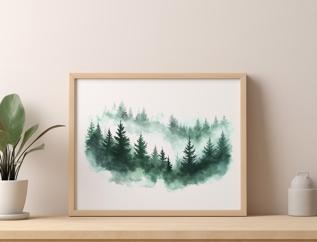 Pine Forest Watercolor Poster, Morning Fog in the Forest, Art Print ...