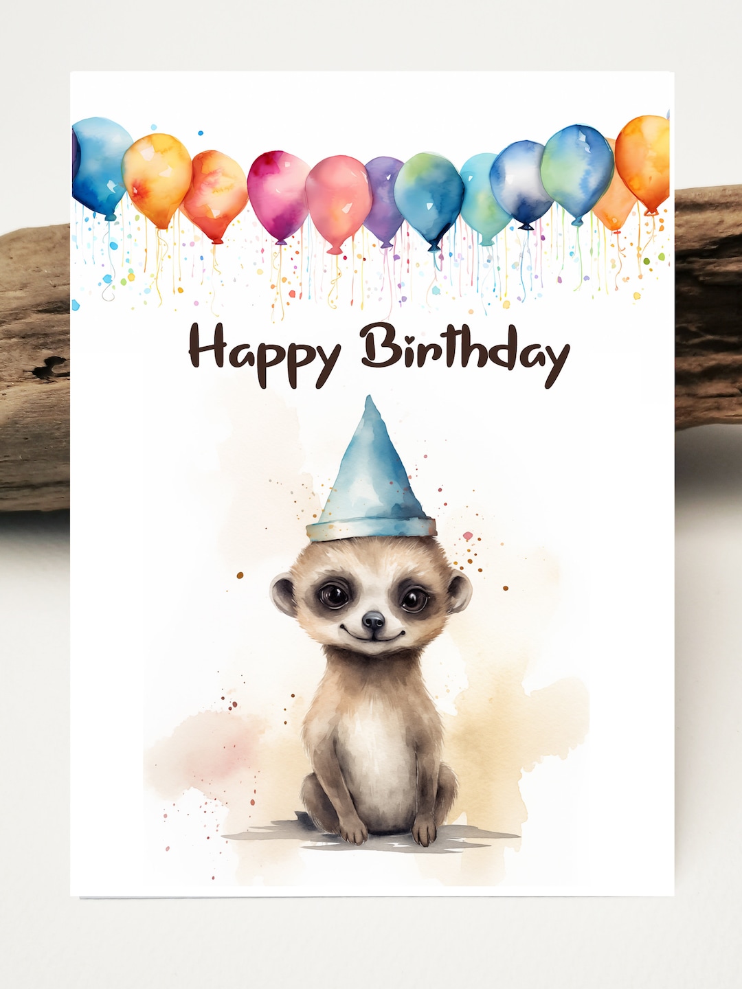 Watercolor Card Baby Meerkat Balloon | Birthday Card Meerkat Baby ...