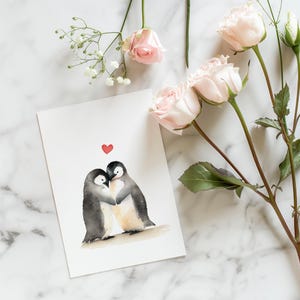 Watercolor Card Loving Penguin Couple Postcard for Valentine's Day I I ...