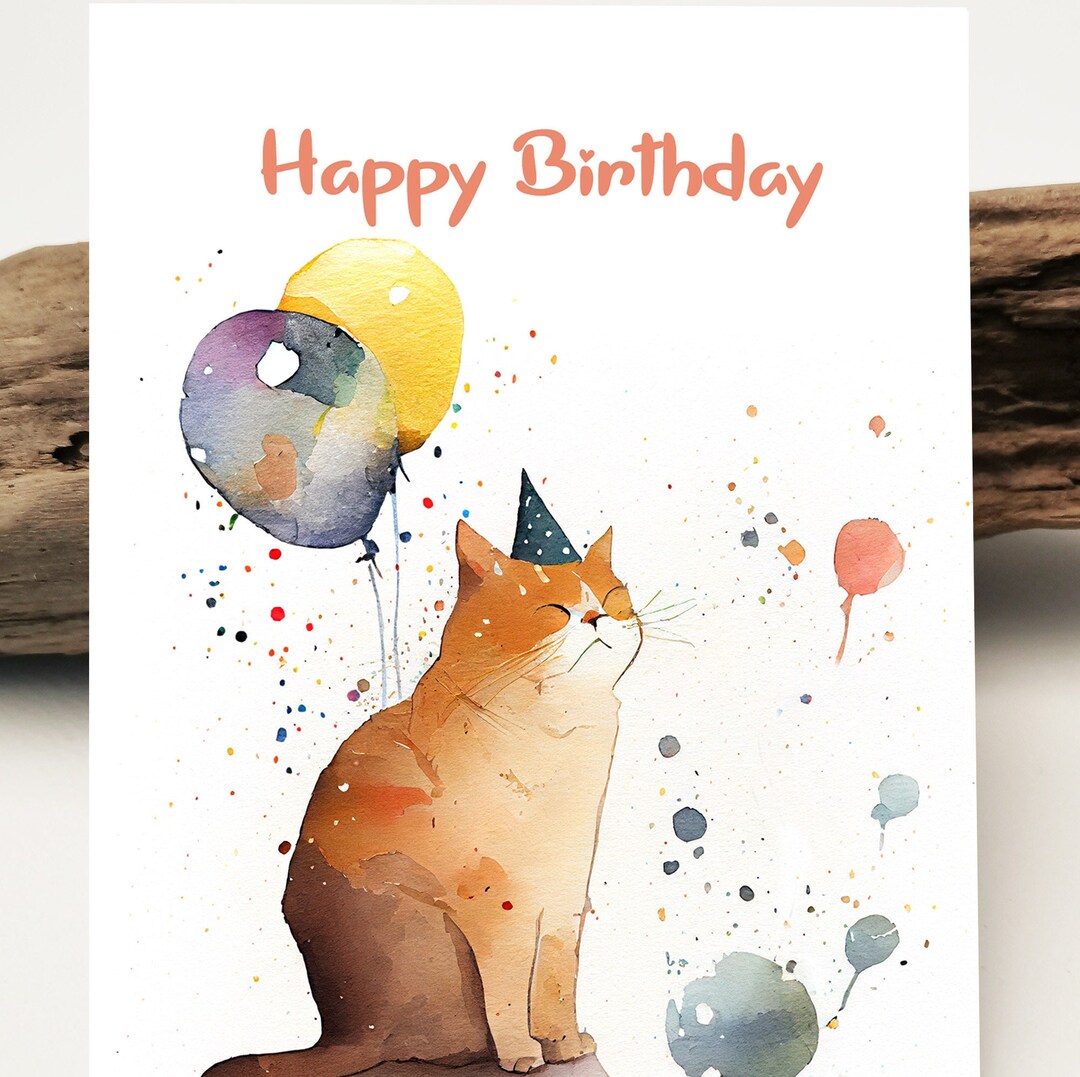 Watercolor Card Birthday Card Cat Kitten Birthday Card Kitty Card ...