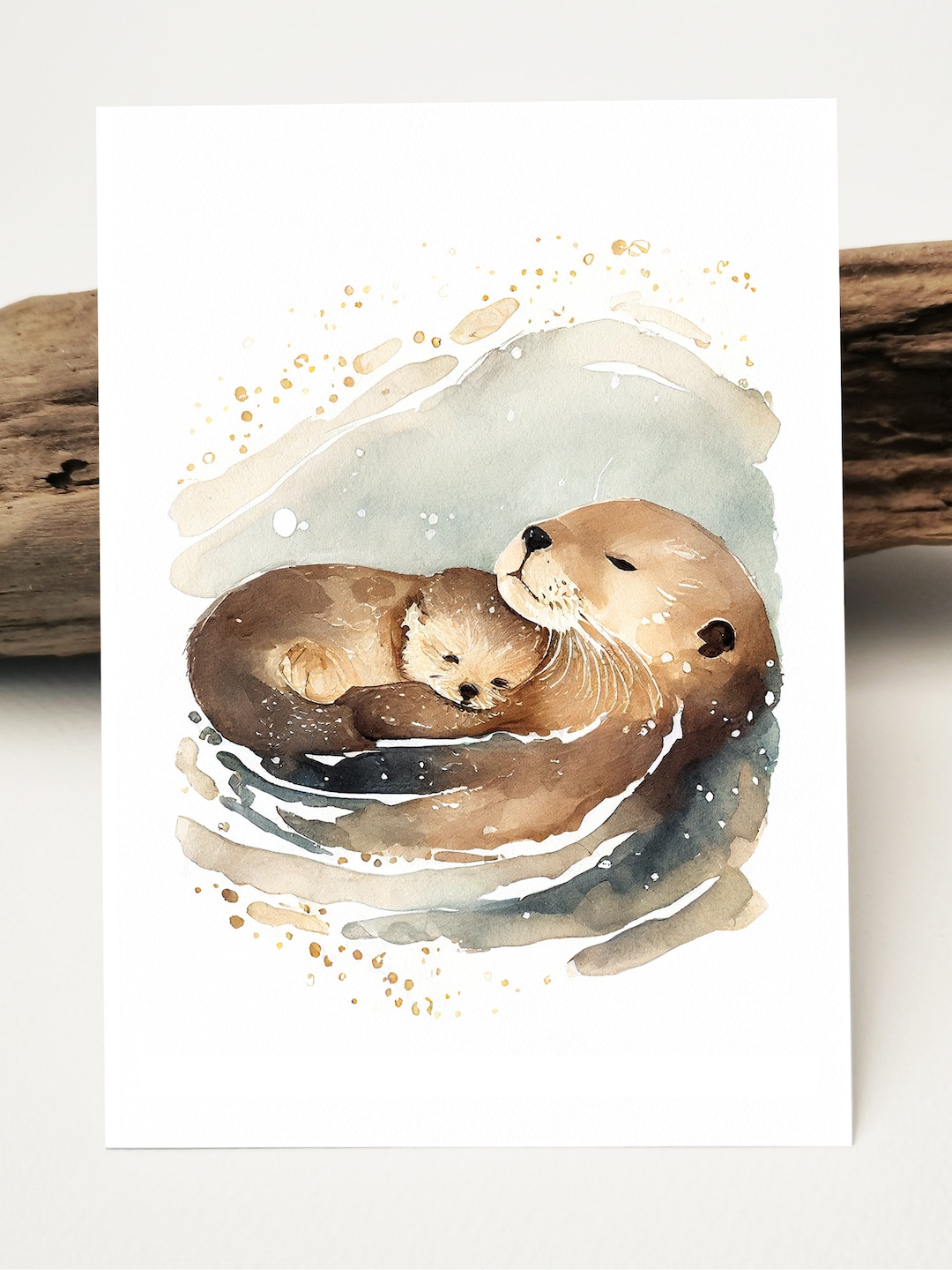 Watercolor Card Postcard Loving Otter Mom Baby Postcard for Mother's ...