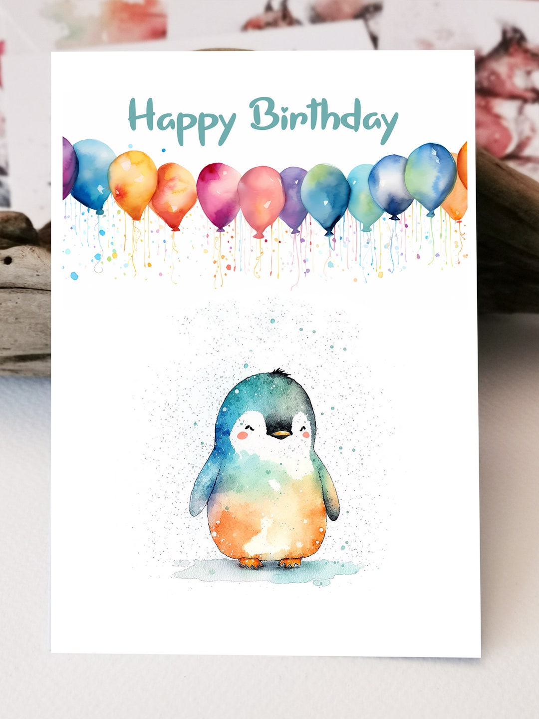Watercolor Card Penguin Baby Balloon Birthday Card Penguin Baby Penguin ...