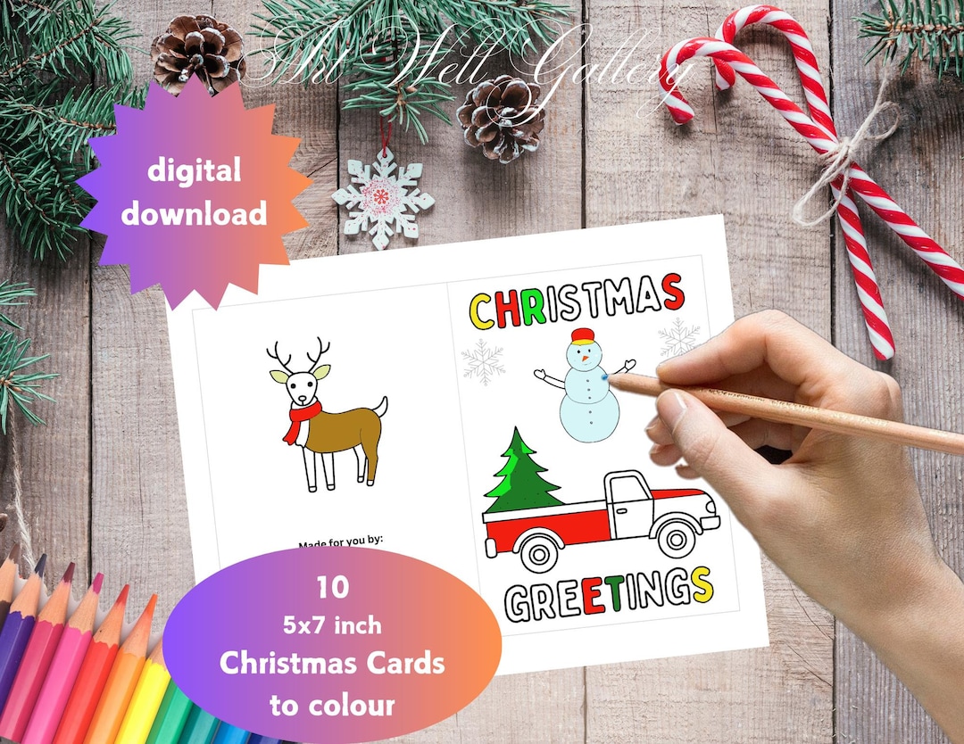 Kids Christmas Coloring Cards, Printable Festive Holiday Activity for ...
