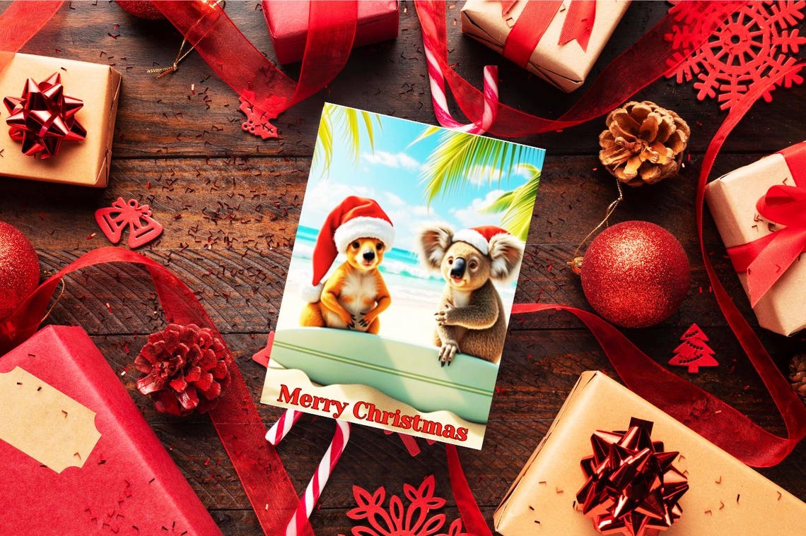 Aussie Christmas Card With Koala and Kangaroo, Australian Christmas ...
