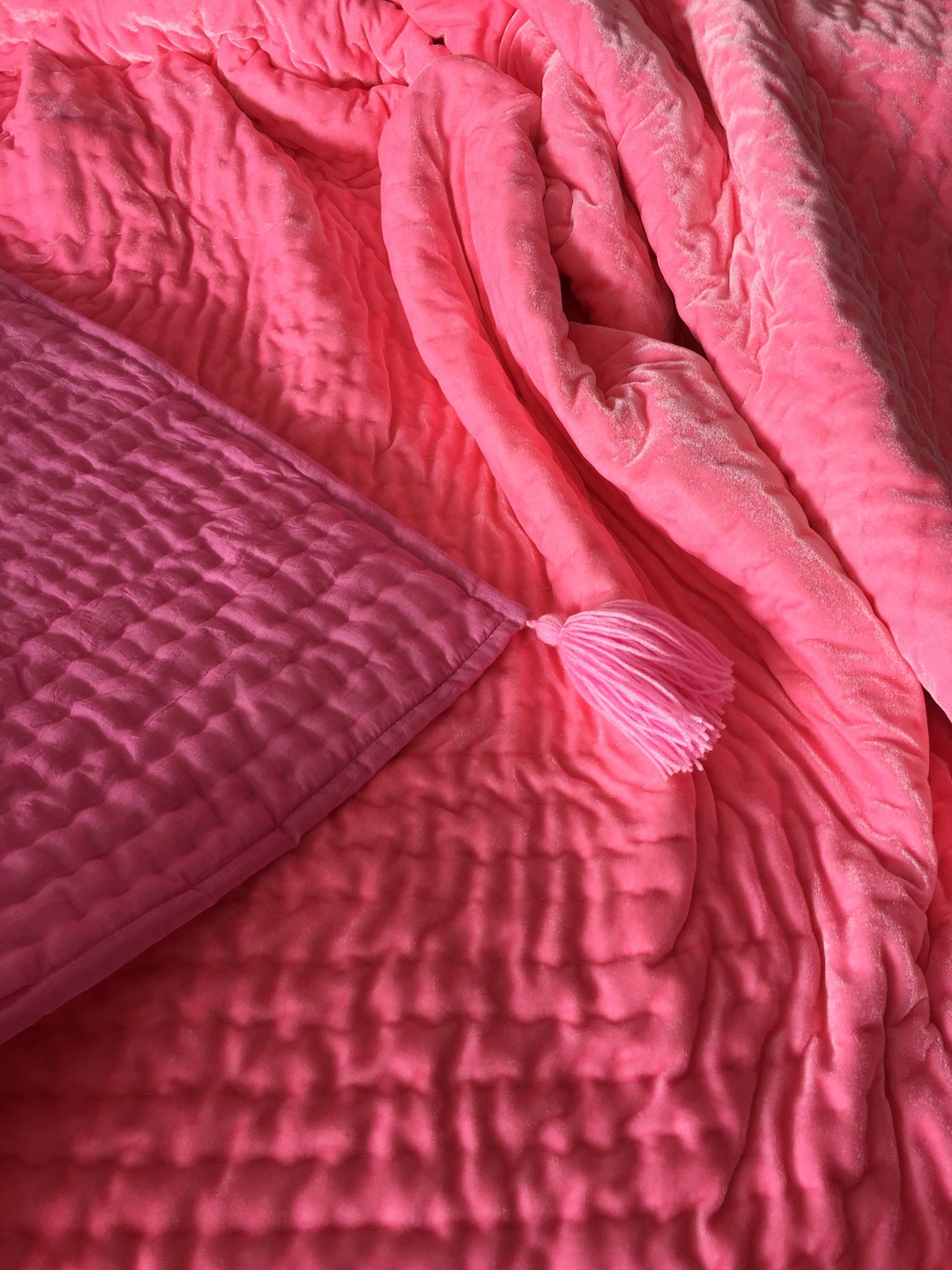 Hand Stitched Pink Velvet Quilt, Tassel Blanket, Luxury Bedspread - Etsy