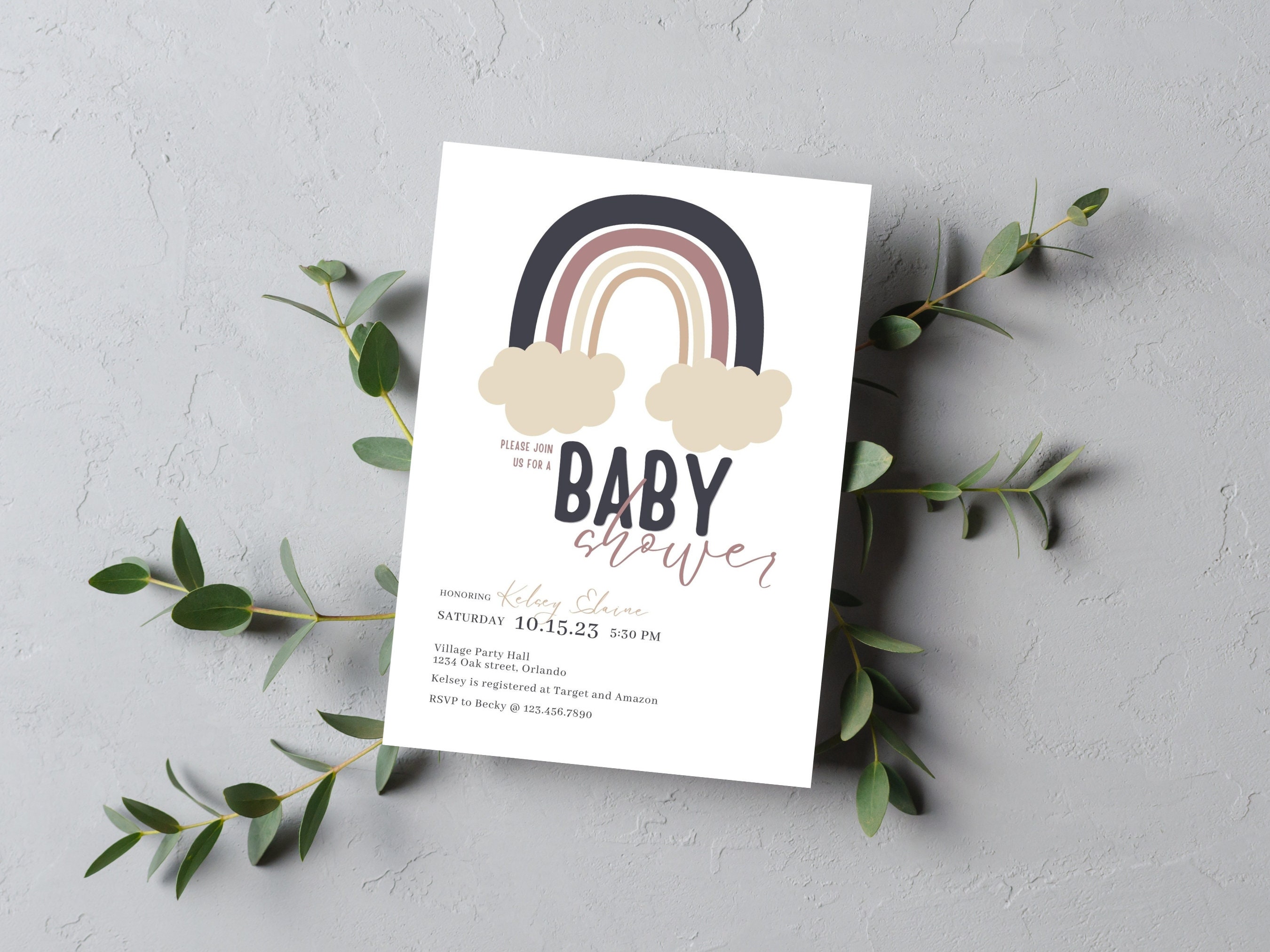 Printable Rainbow Baby Shower Invite, Girl Baby Shower Canva Template ...