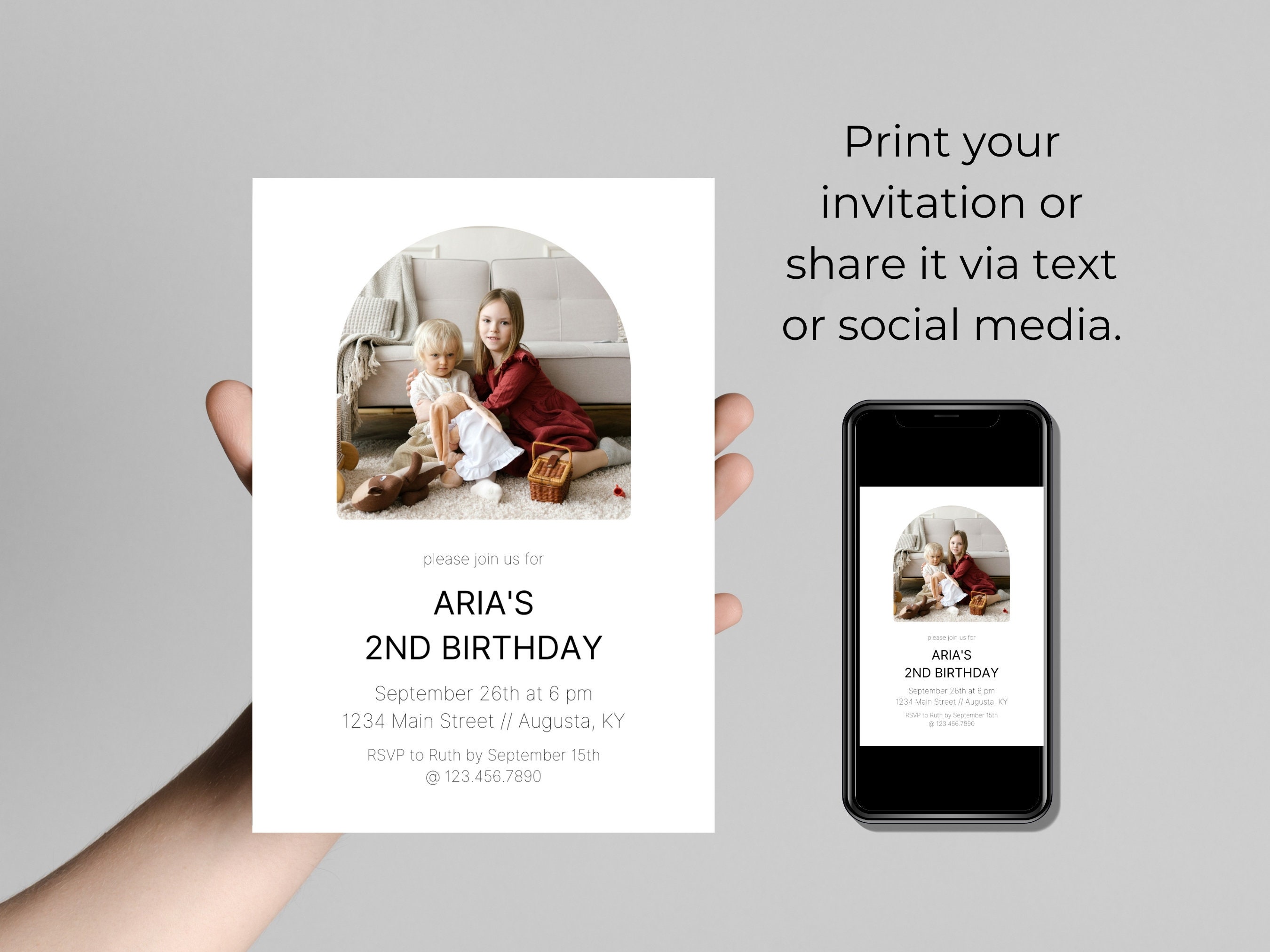 Second Birthday Photo Invitation, Minimalistic Party Invitation, Arched ...