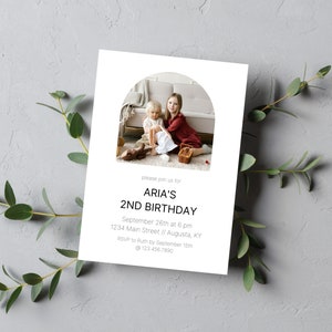 Second Birthday Photo Invitation, Minimalistic Party Invitation, Arched ...