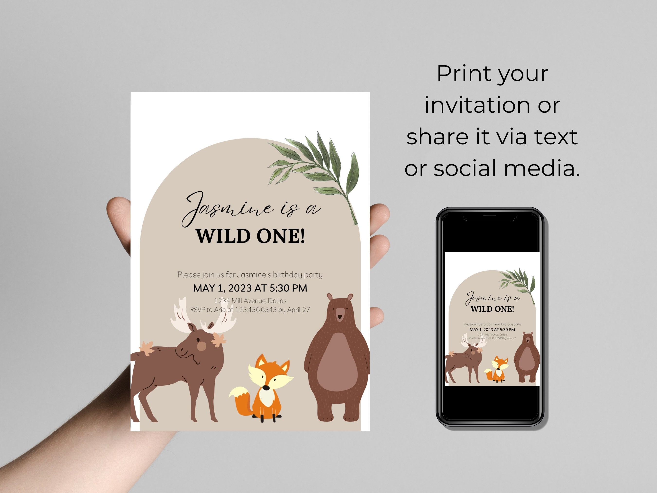 Wild One Birthday Party Invitation Template, Simple Wild Digital ...