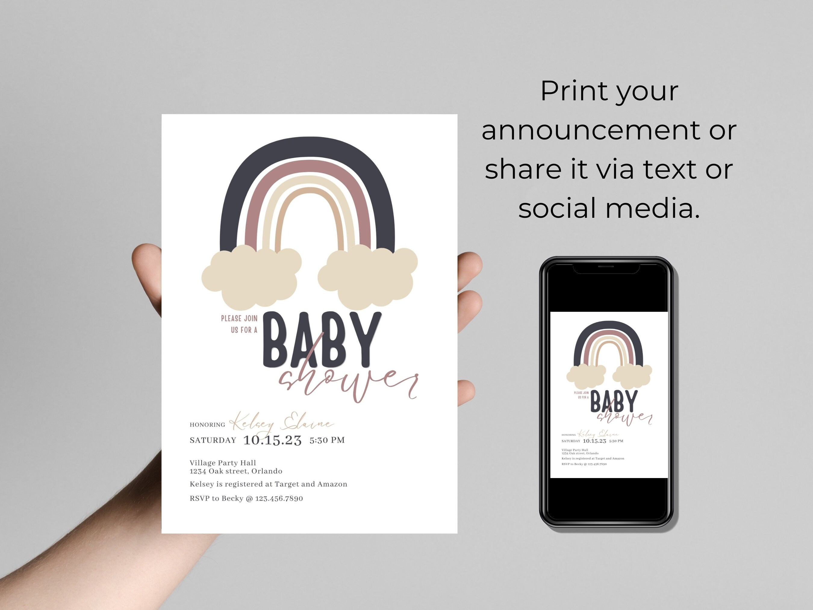 Printable Rainbow Baby Shower Invite, Girl Baby Shower Canva Template ...