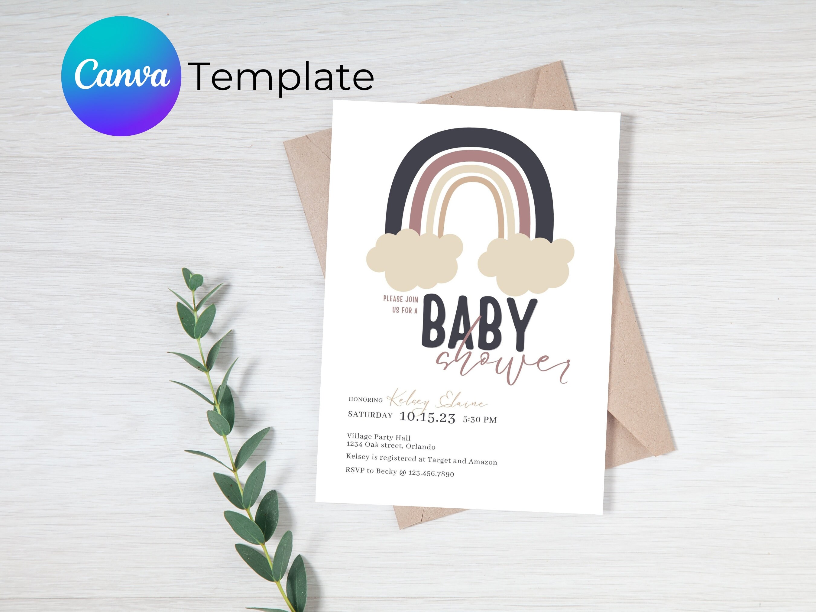 Printable Rainbow Baby Shower Invite, Girl Baby Shower Canva Template ...