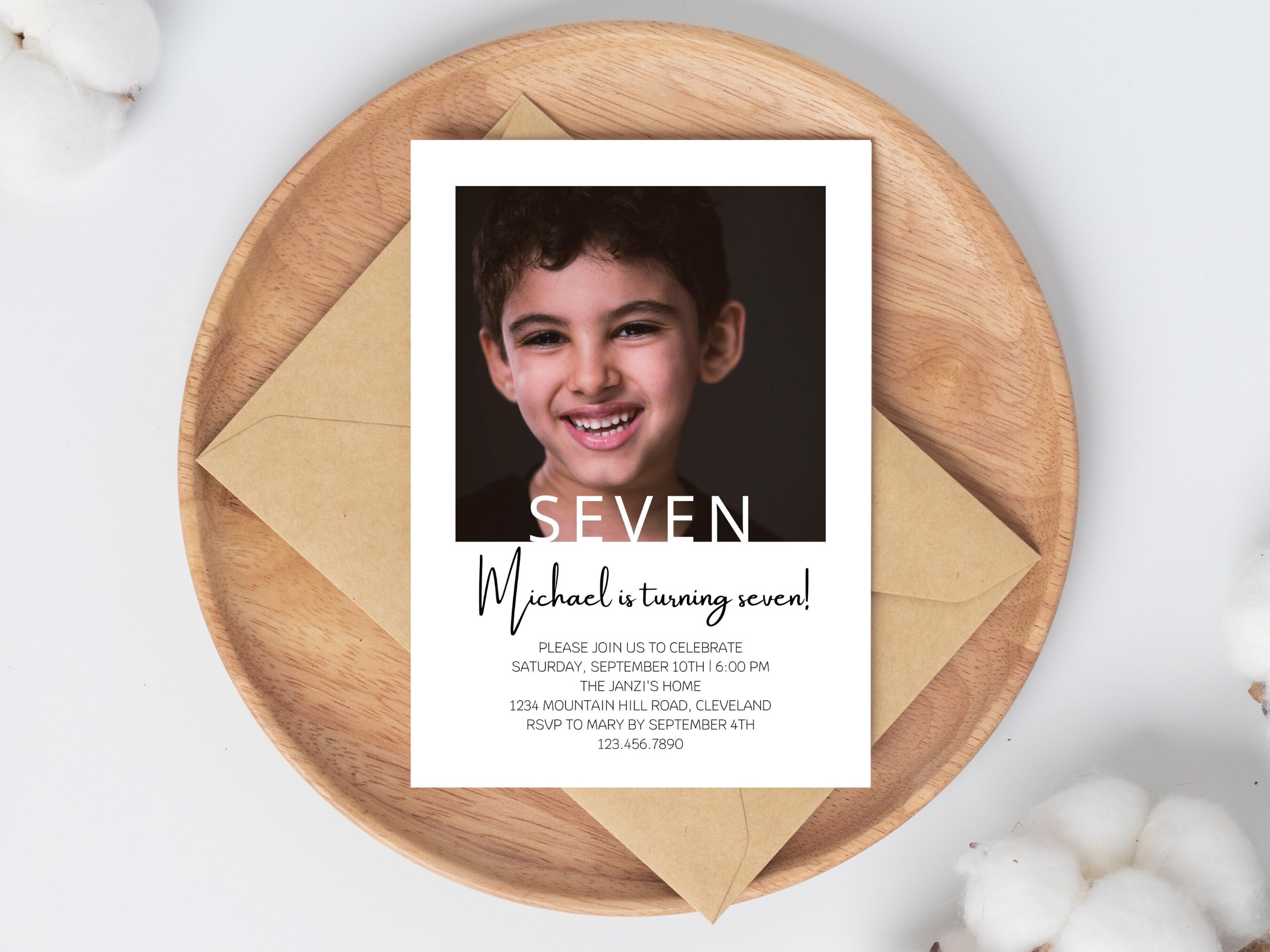 7th Birthday Party Invitation Template, Photo Birthday Evite, Seventh ...