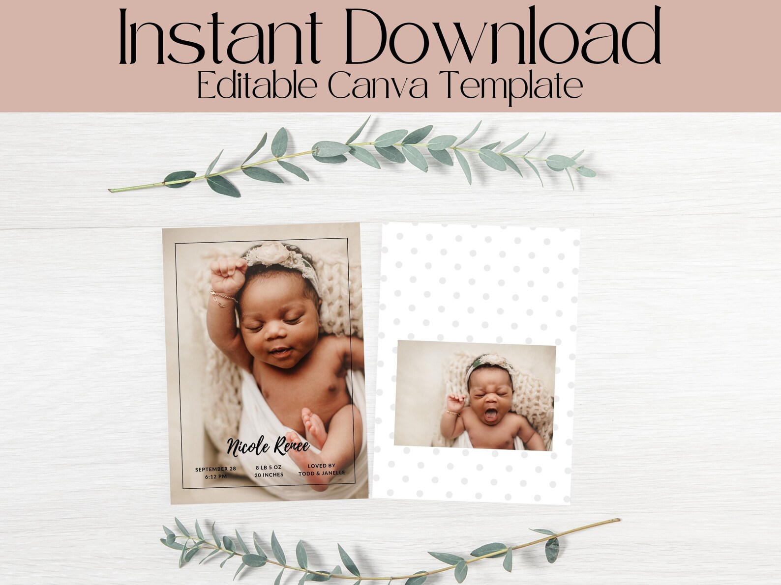 Newborn Photo Card Template, Printable Birth Announcement, Digital ...