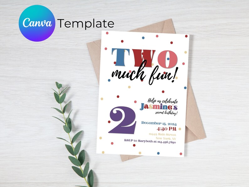 Second Birthday Party Invitation Template, Two Much Fun Invitation ...