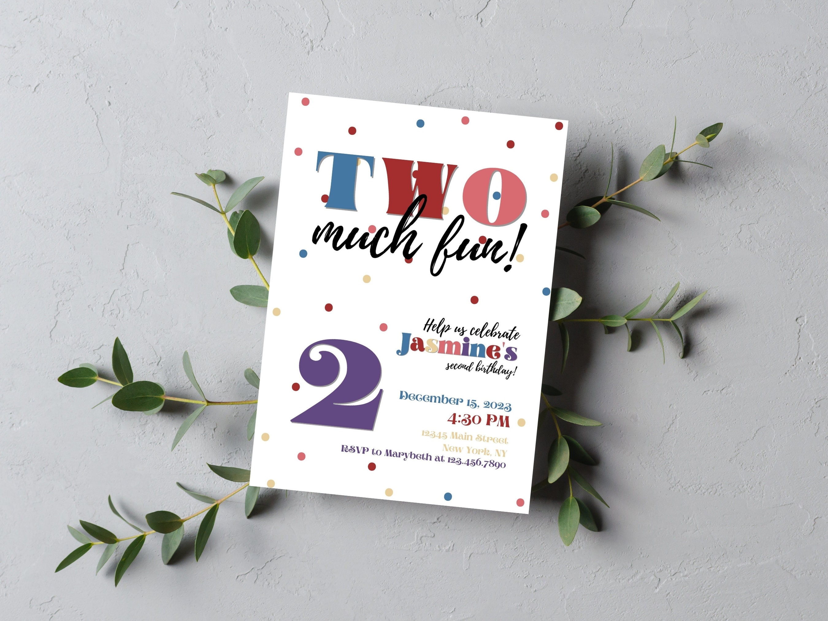 Second Birthday Party Invitation Template, Two Much Fun Invitation ...